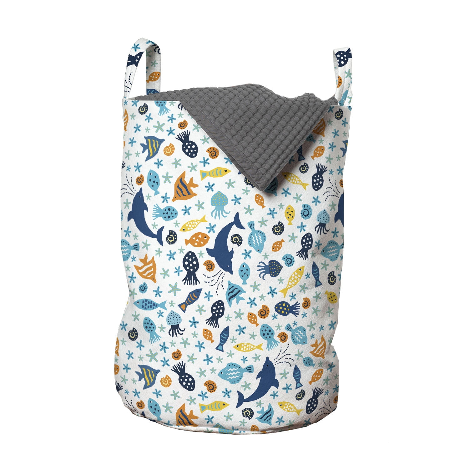 Fish Laundry Bag, Dolphin Starfish Jellyfish Sea Shells on Plain ...