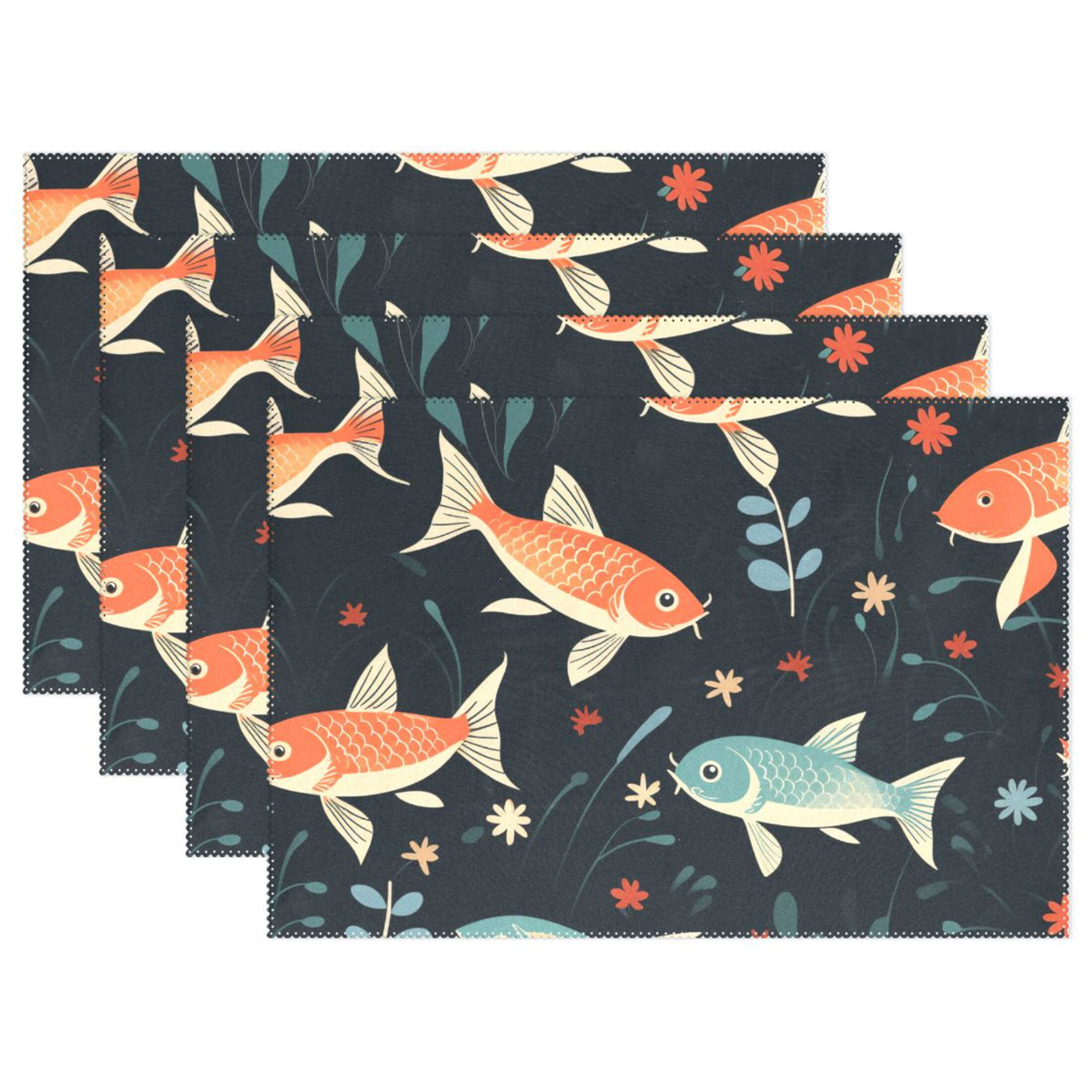 Fish Leaves Flowers Blue 12×18 inch Placemats Heat Resistant Washable ...