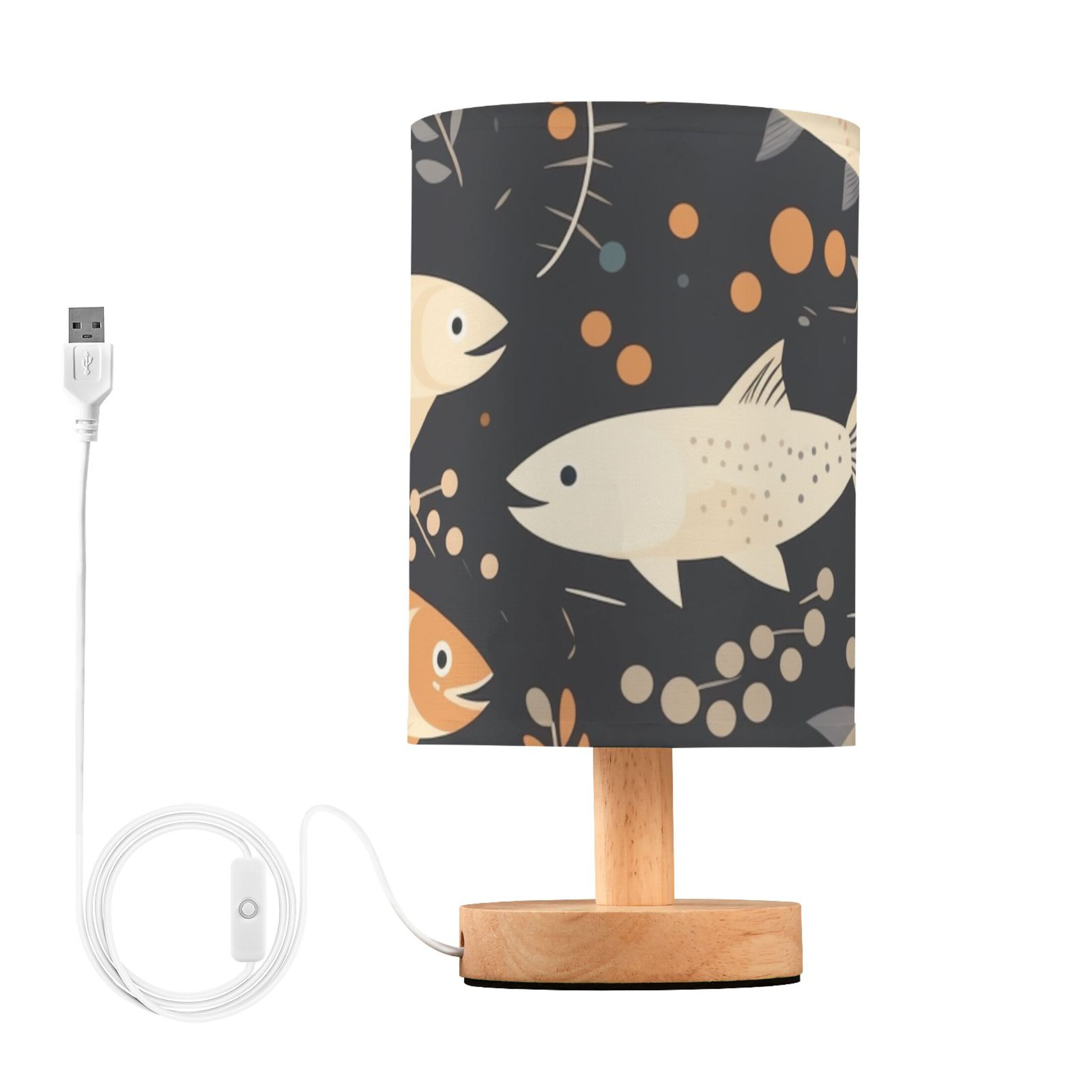 Fish Leaves Yellow Table Lamp USB Bedside Desk Nightstand Lamp Printed ...