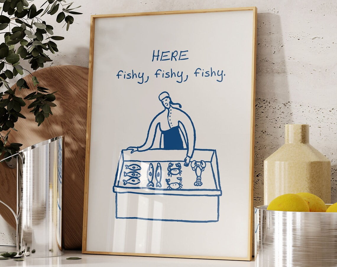 Fish Market Poster, Fishy Fishy, Oysters Fish Crab Lobster Poster ...