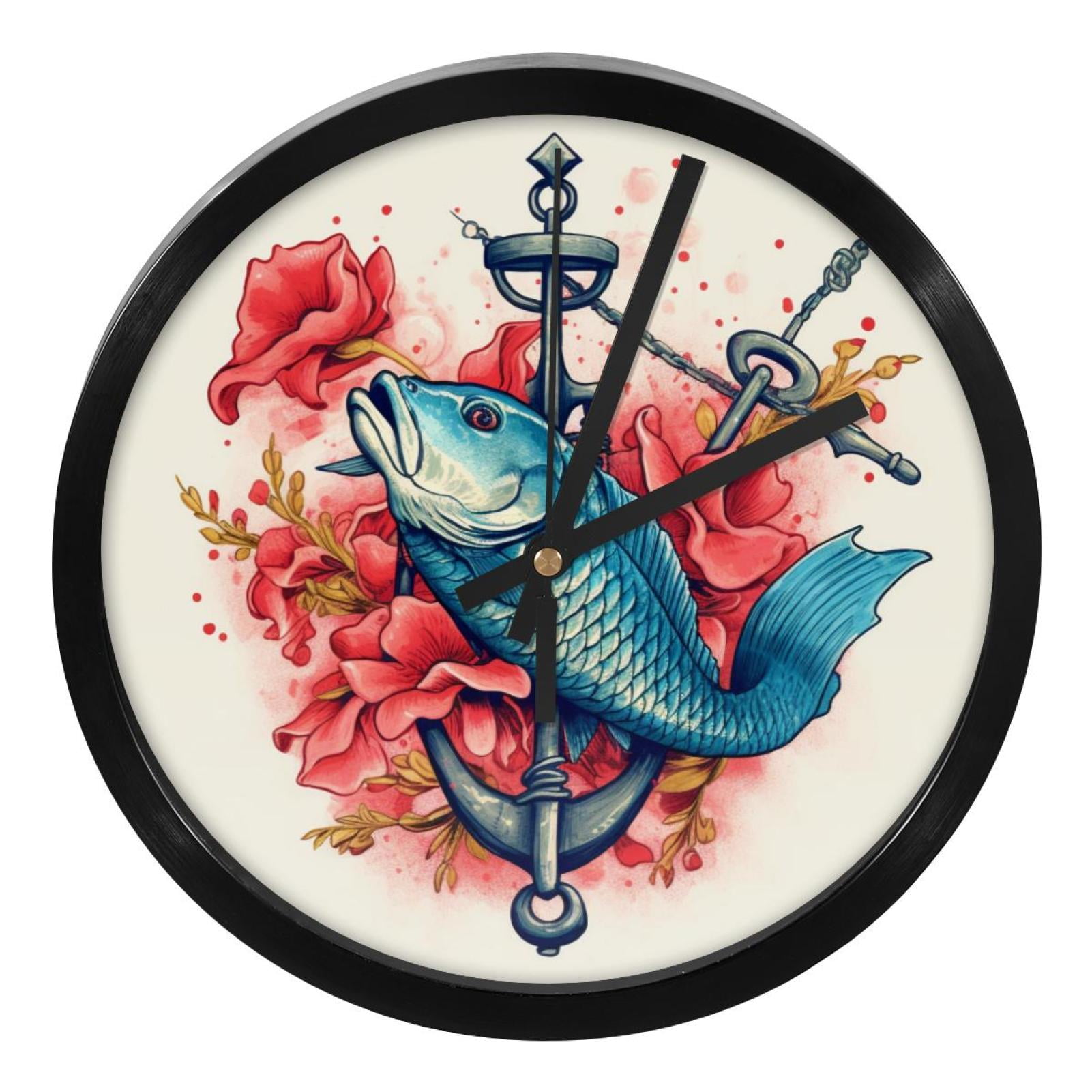 Fish Modern 9.8 Inch Wall Clock, Silent Non-Ticking Round Digital Clock ...