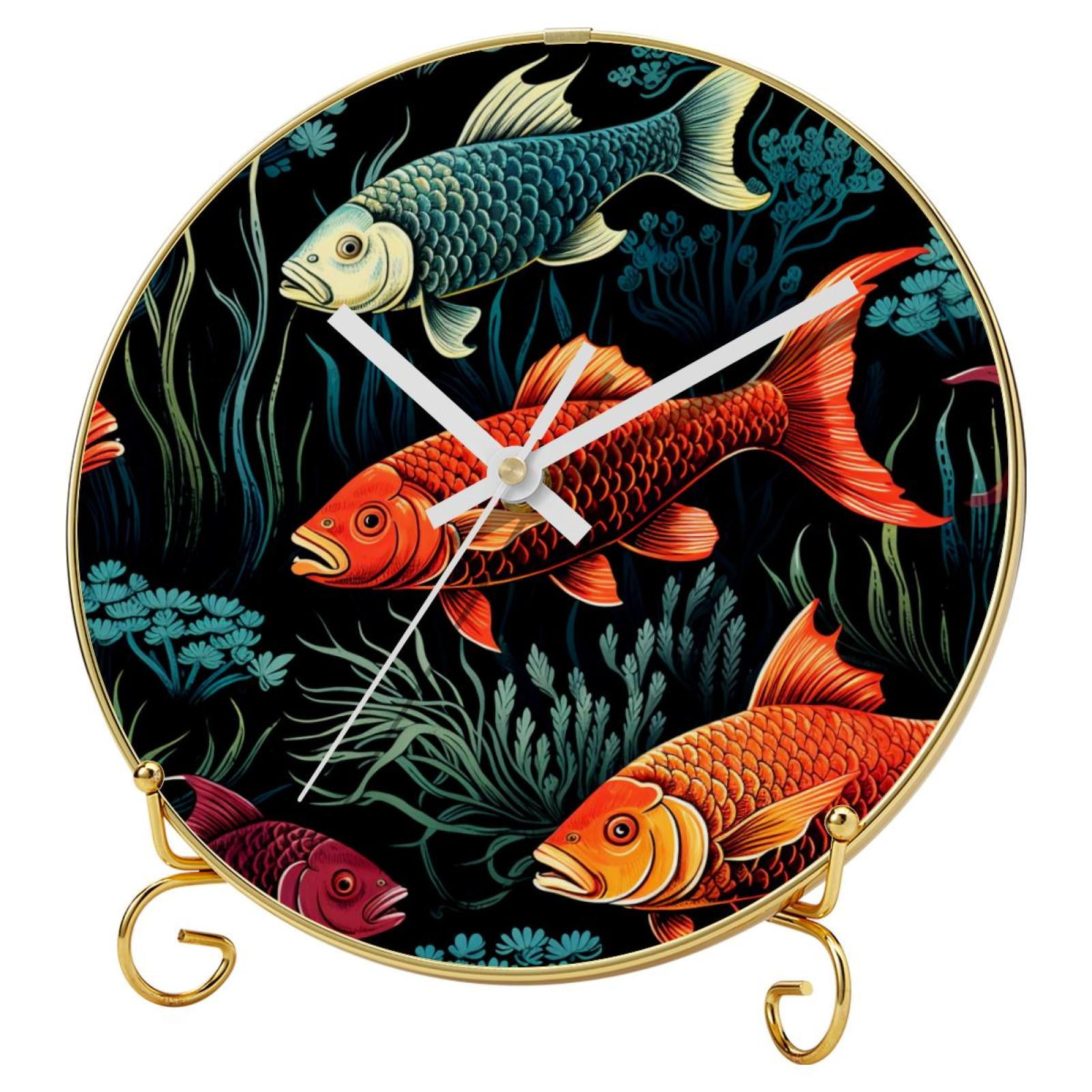Fish Modern Round Wall Clocks with Hooks and Gold Stand - Silent Non ...