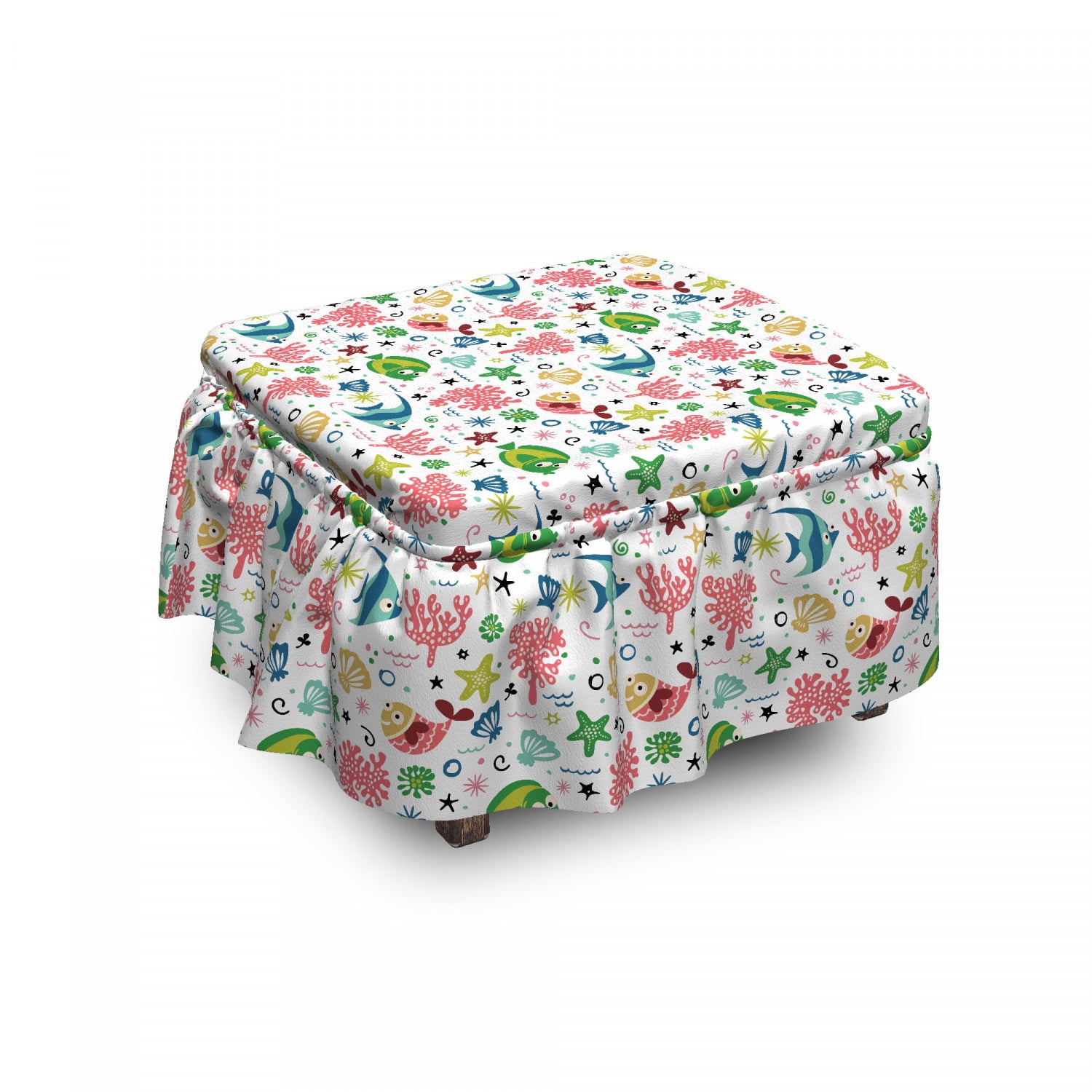 Fish Ottoman Cover, Corals and Underwater Creature, 2 Piece Slipcover ...