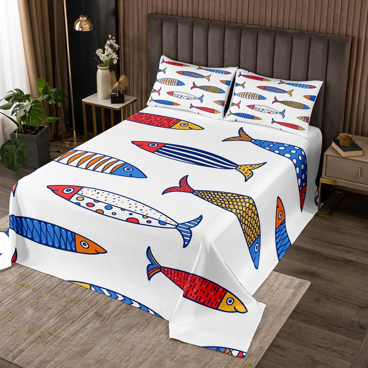 Fish Quilt Set King, Cute Fishes Bedspread Set , Kawaii Ocean Wild ...