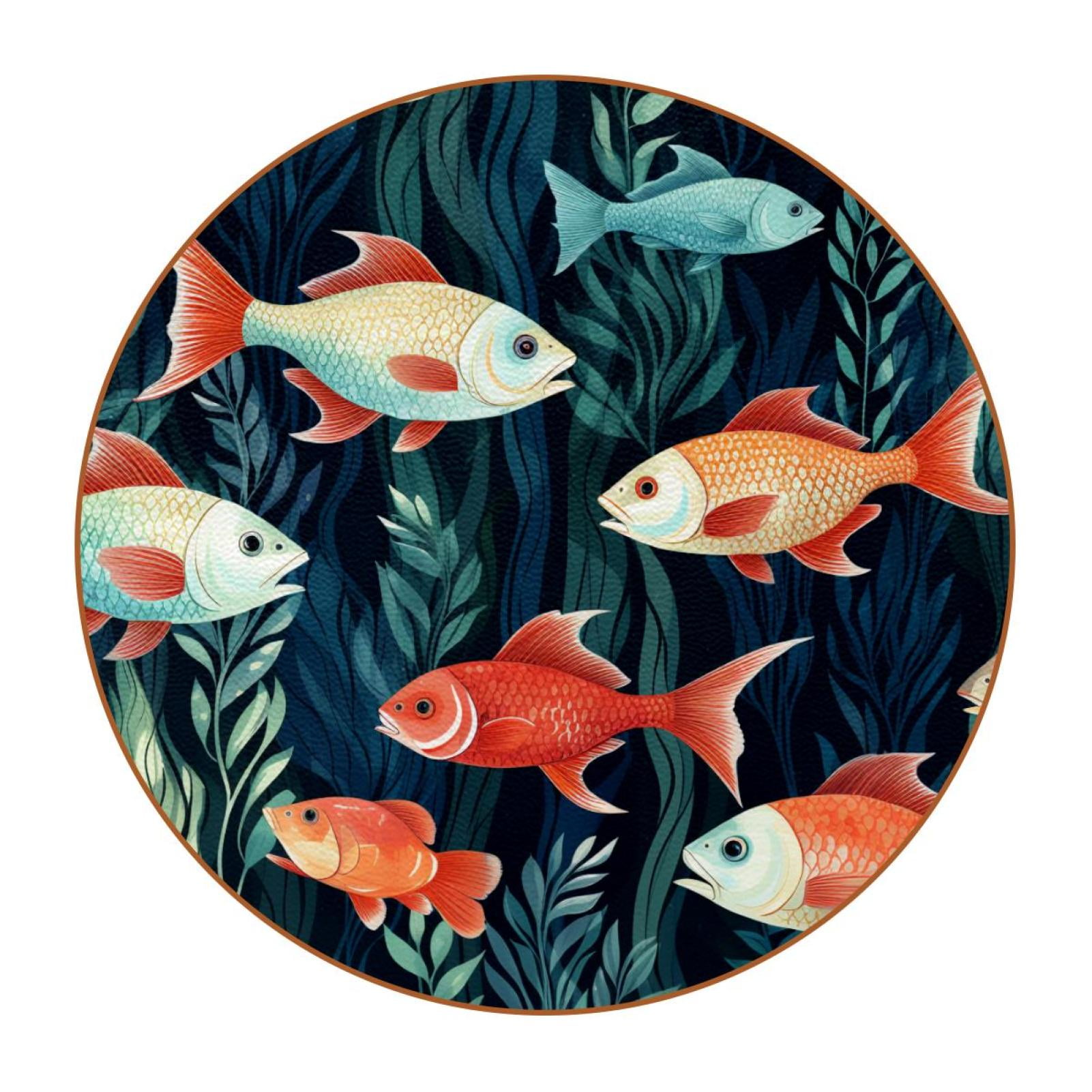 Fish Round Coasters Set of 6, Microfiber Leather Drink Coasters, 11x11 ...