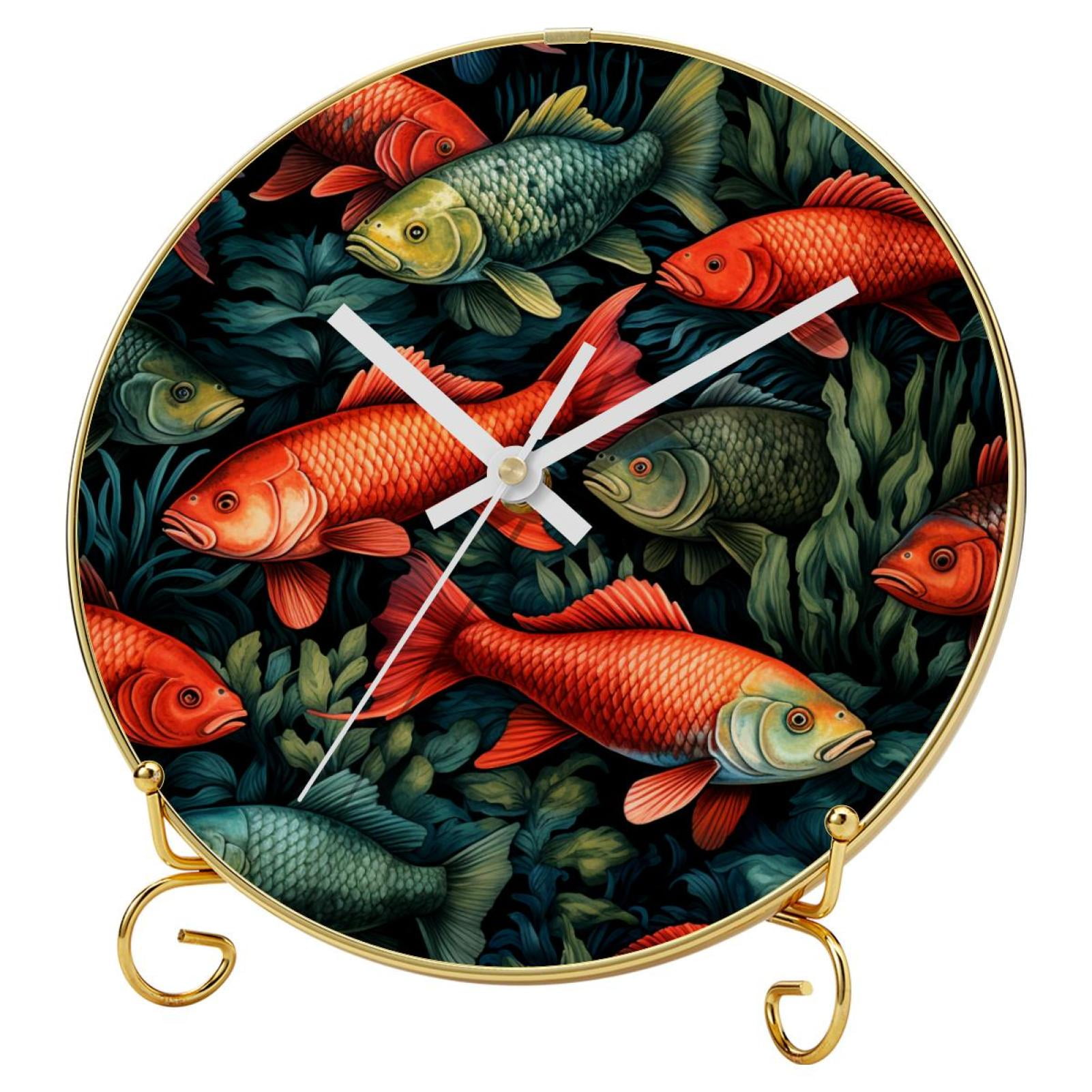 Fish Round Printed Wall Clocks with Hooks and Gold Stand, Silent Non ...