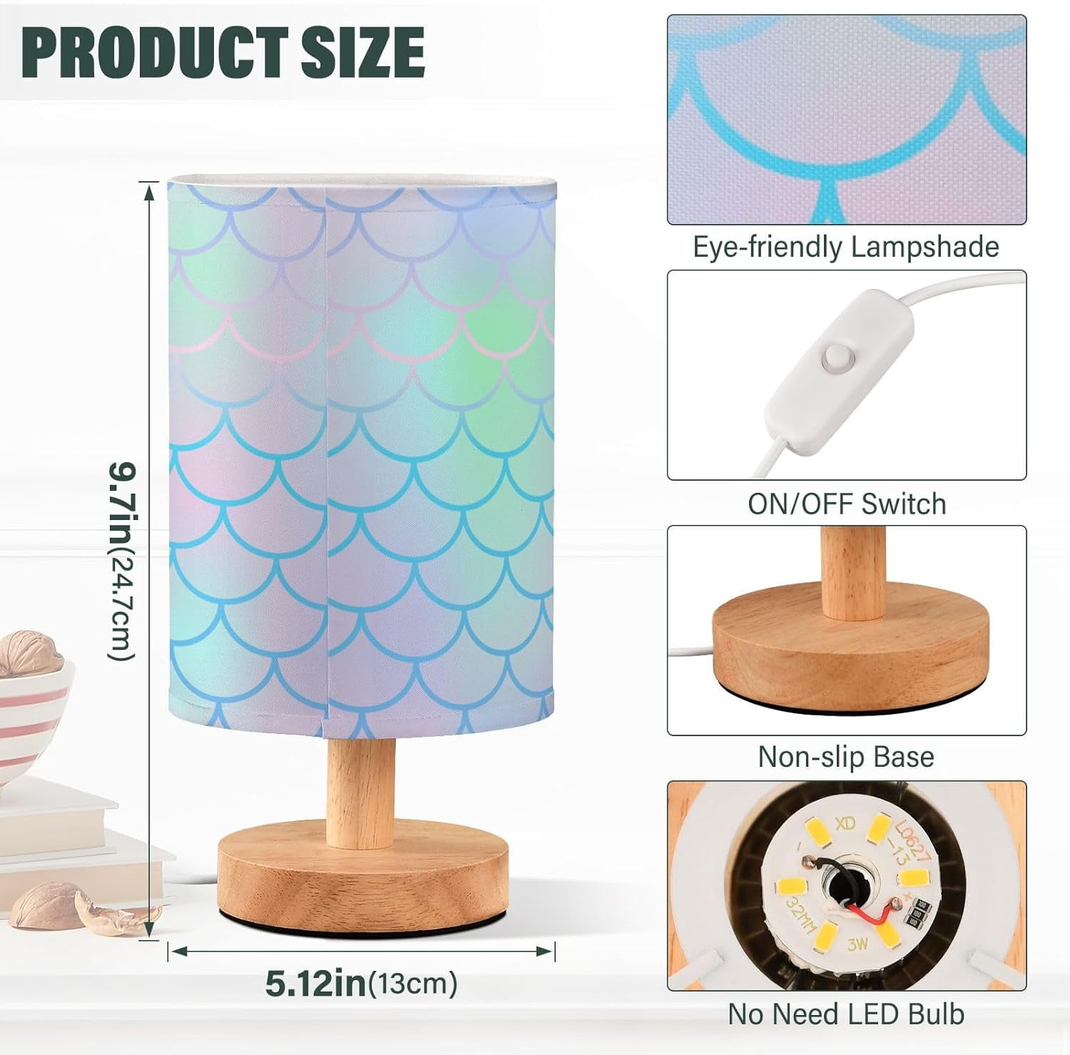 Fish Scale Mermaid Funny Decor Bedside Table Lamp with USB Port for ...