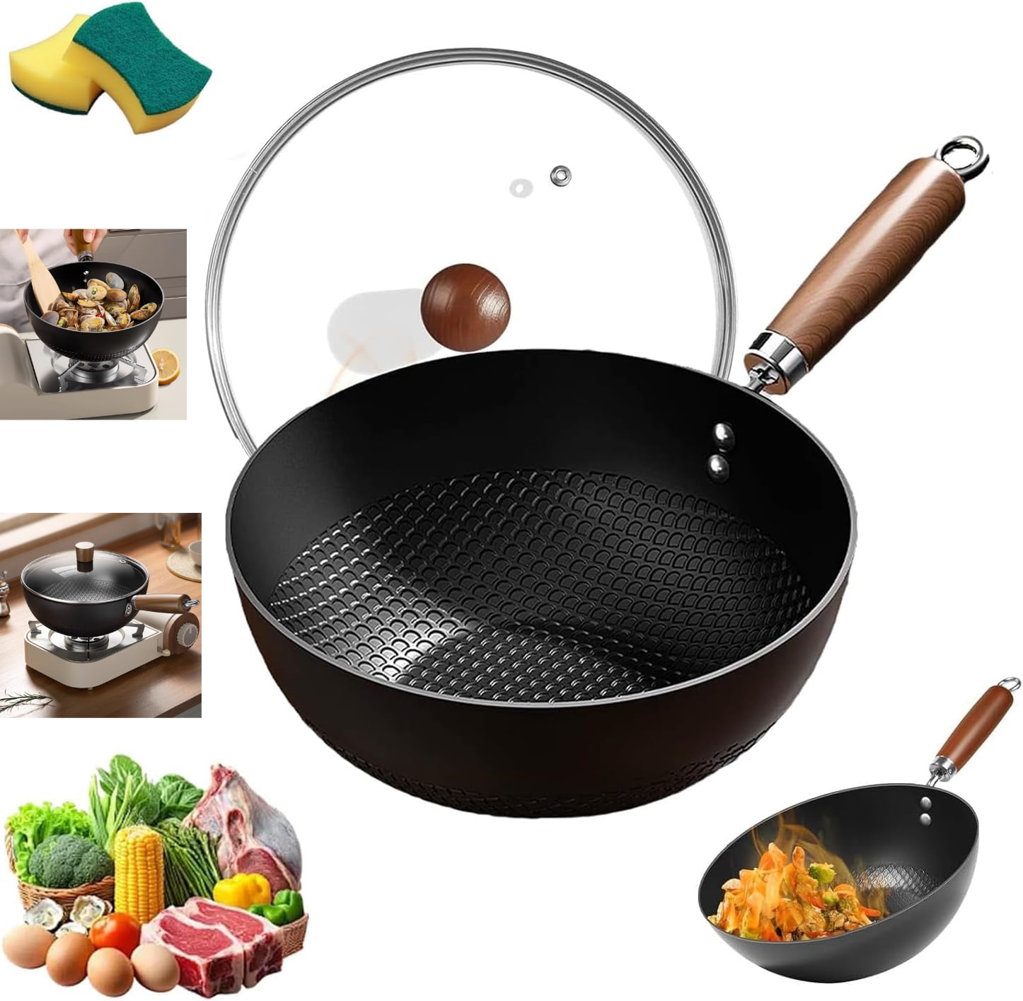 Fish Scale Pattern Flat Bottom Non-Stick Pan, Handmade Carbon Steel Wok ...