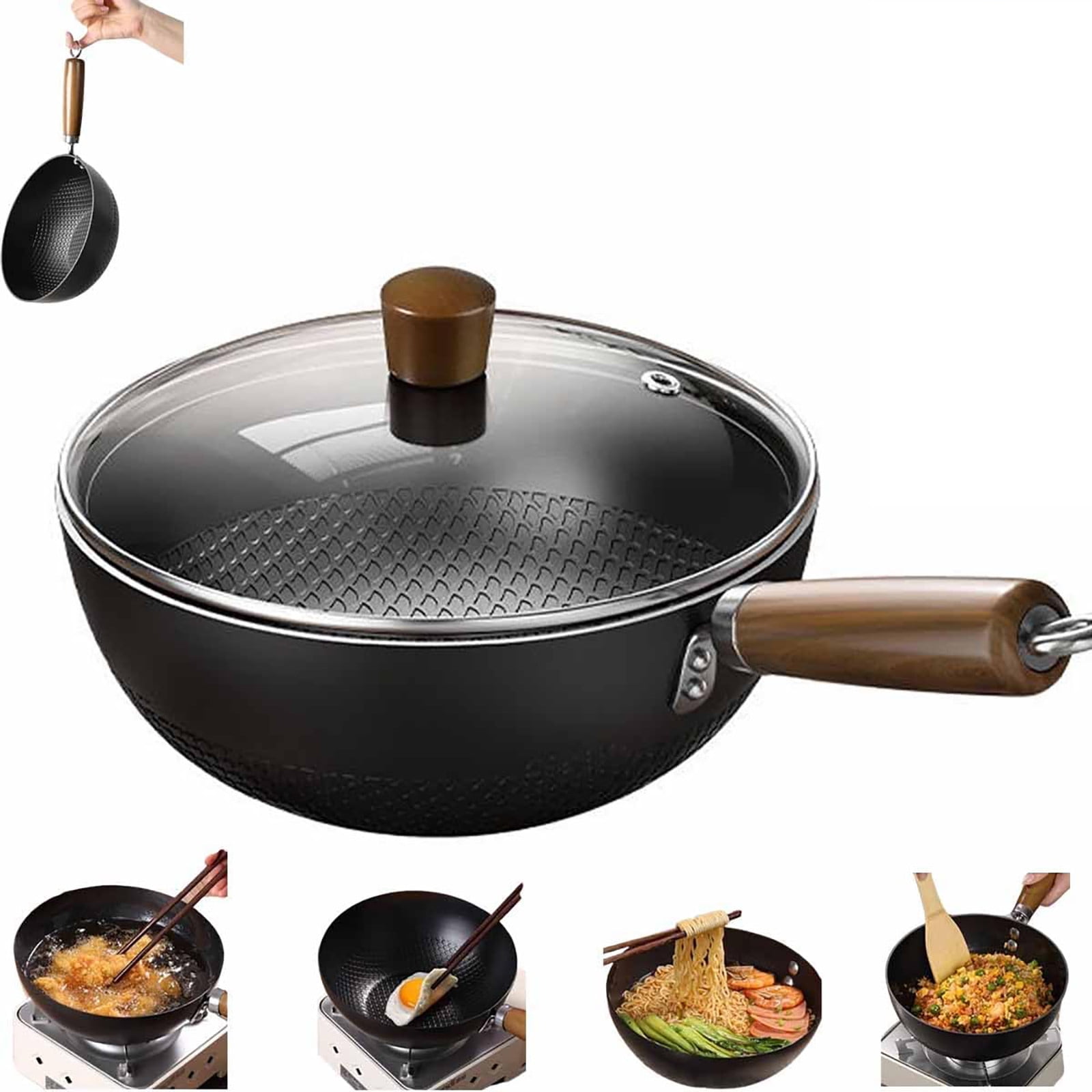 Fish Scale Pattern Flat Bottom Non Stick Pan Steel Wok with Glass Lid ...