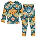 Fish Scale Pattern with Flowers Cotton Pajama Set Long Sleeve Top and ...