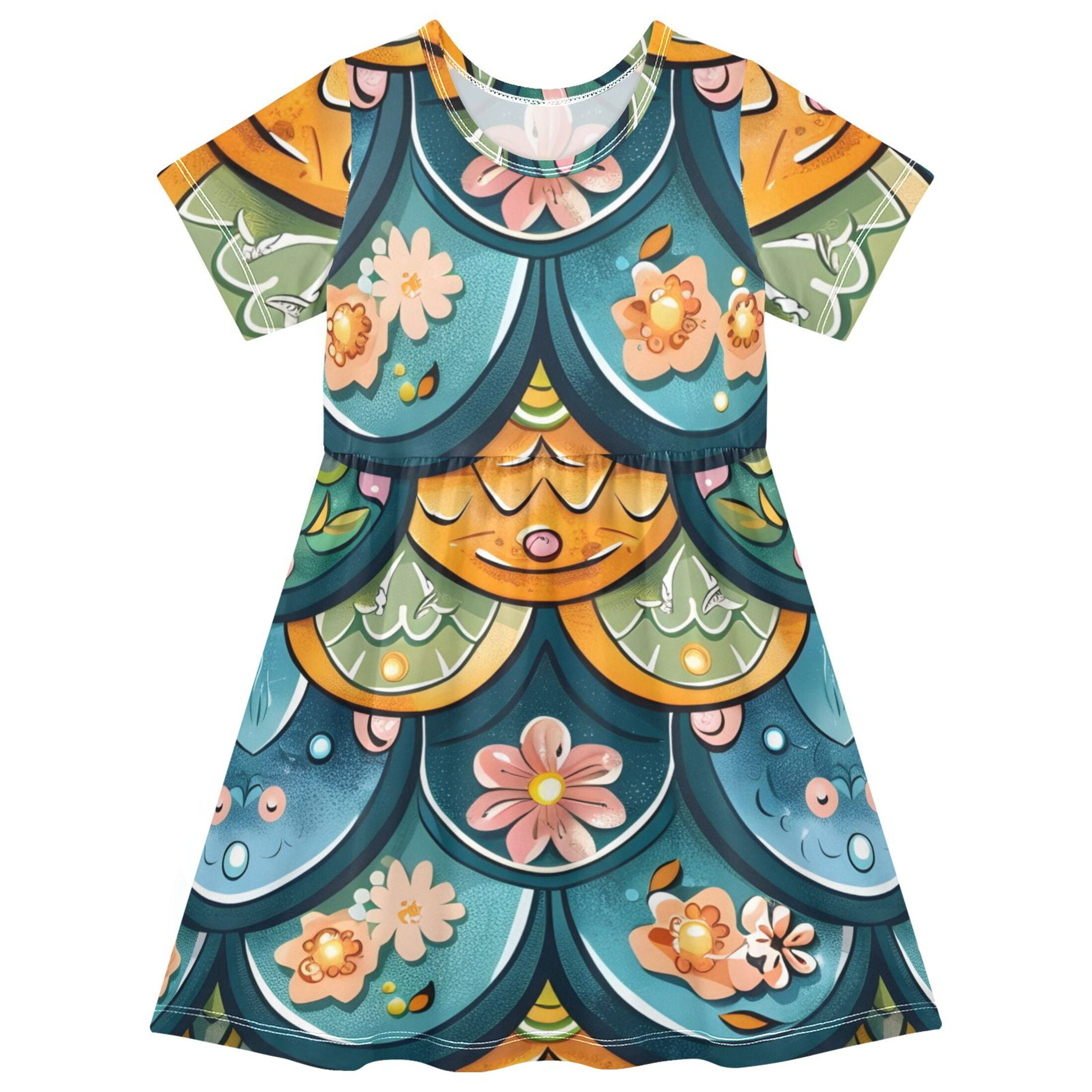 Fish Scale Pattern with Flowers Girls' Short Sleeve Dress A-Line One ...