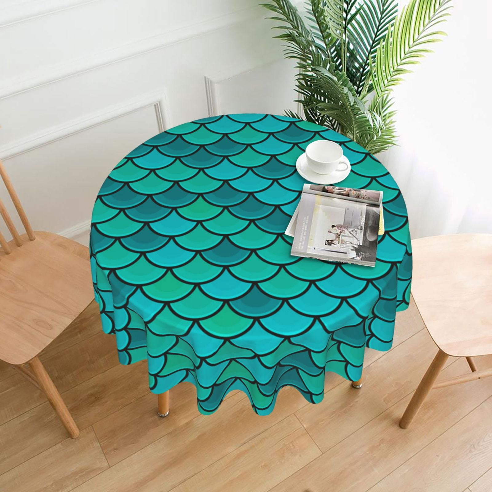 Fish Scales Blue Geometric Tablecloths Round 60 inch Fabric Table Cloth ...