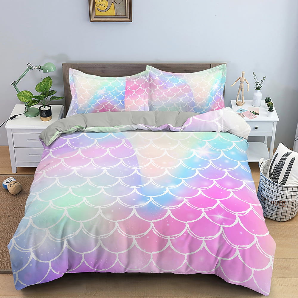 Fish Scales Duvet Cover Kids Pink Purple Blue Mermaid Scales Pattern ...