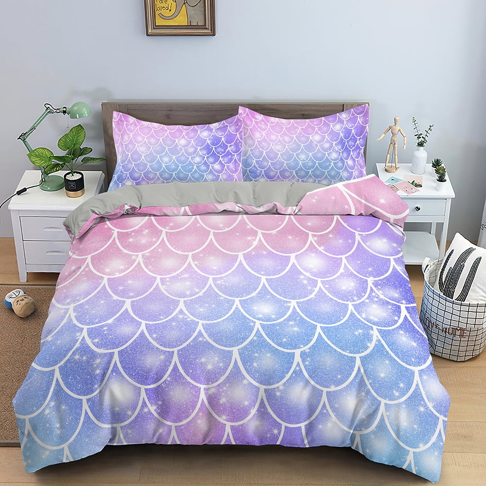 Fish Scales Duvet Cover Kids Pink Purple Blue Mermaid Scales Pattern ...