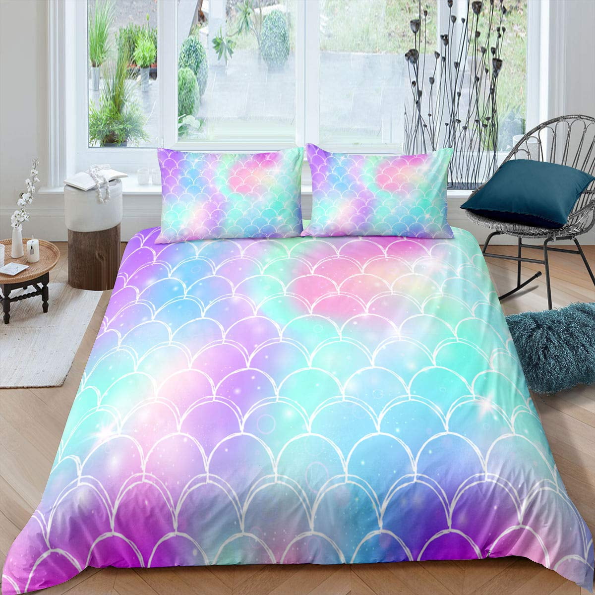 Fish Scales Duvet Cover Kids Pink Purple Blue Mermaid Scales Pattern ...