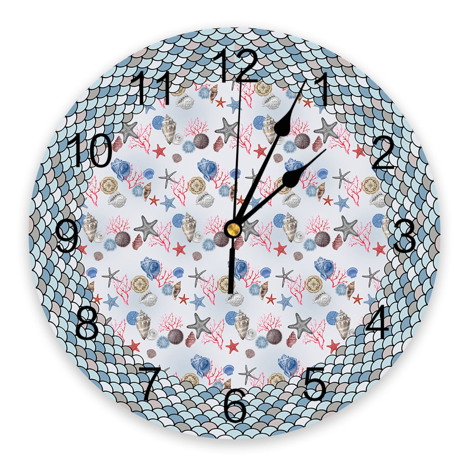 Fish Scales Ocean Shell Starfish Round Wall Clock Modern Design Kitchen ...