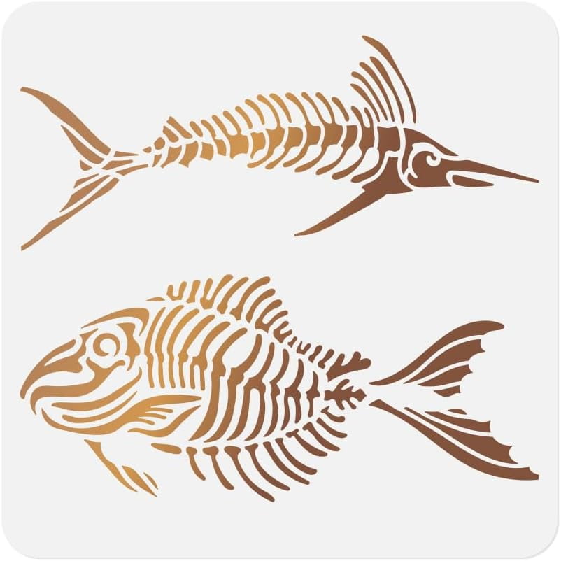 Fish Sea Animal Fossil Stencil for Painting 11.8 x 11.8 Inch Reusable Plastic Fish Bone Stencil ...