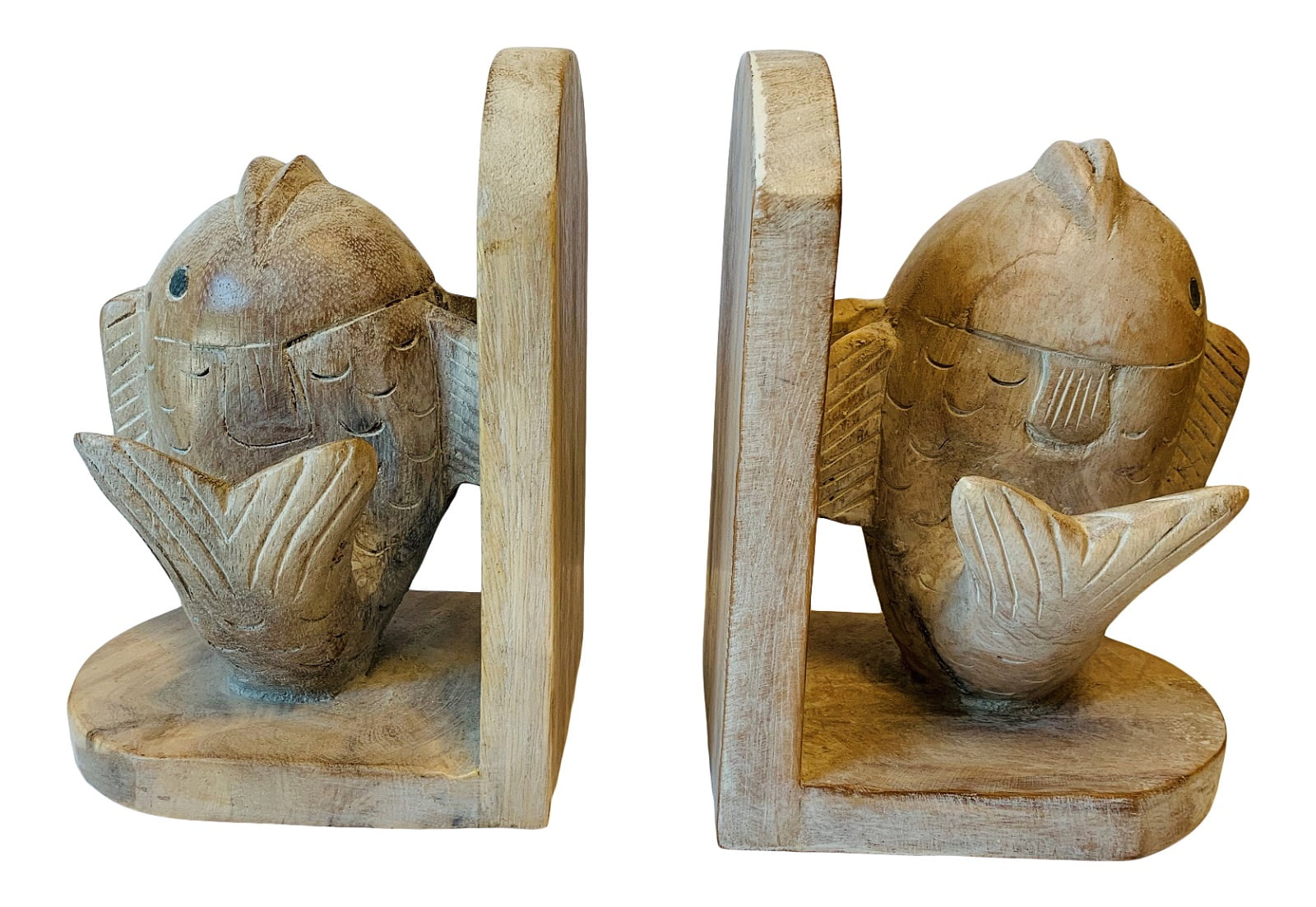 Fish Shaped Bookends Carved Wood Whitewash Finish - Walmart.com
