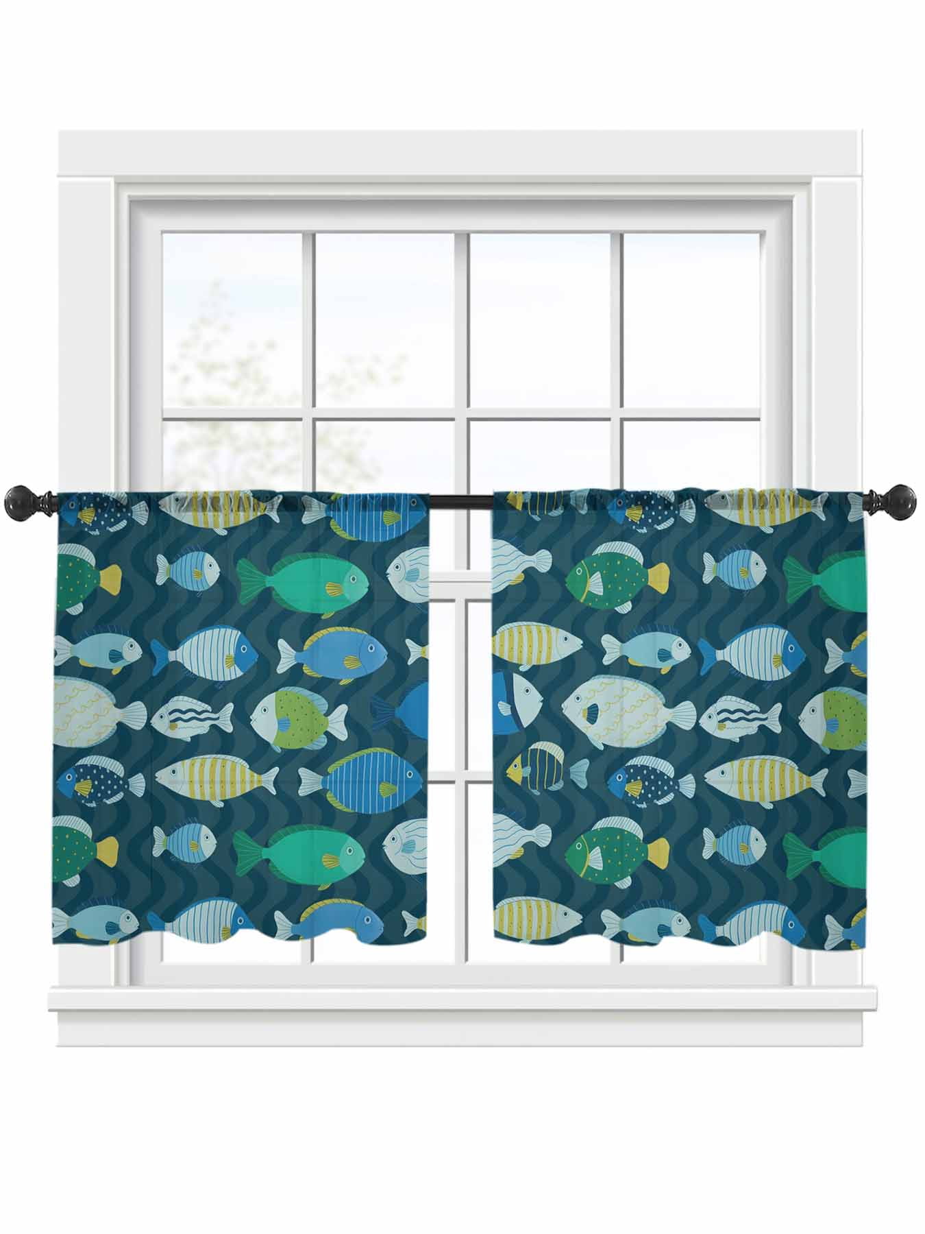 Fish Sheer Curtains 2 Panels Set Cartoon Colored Little Fish Blue Waves ...