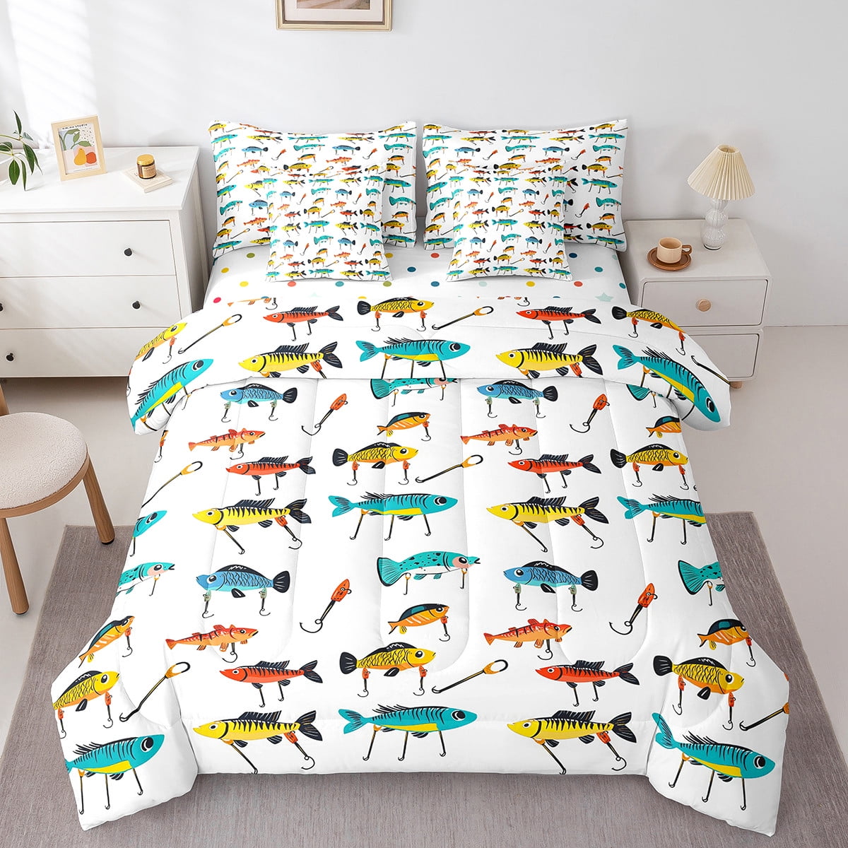Fish Sheet Set,Fish Hook Fishing Bedding Set Full Size Sea Animal ...