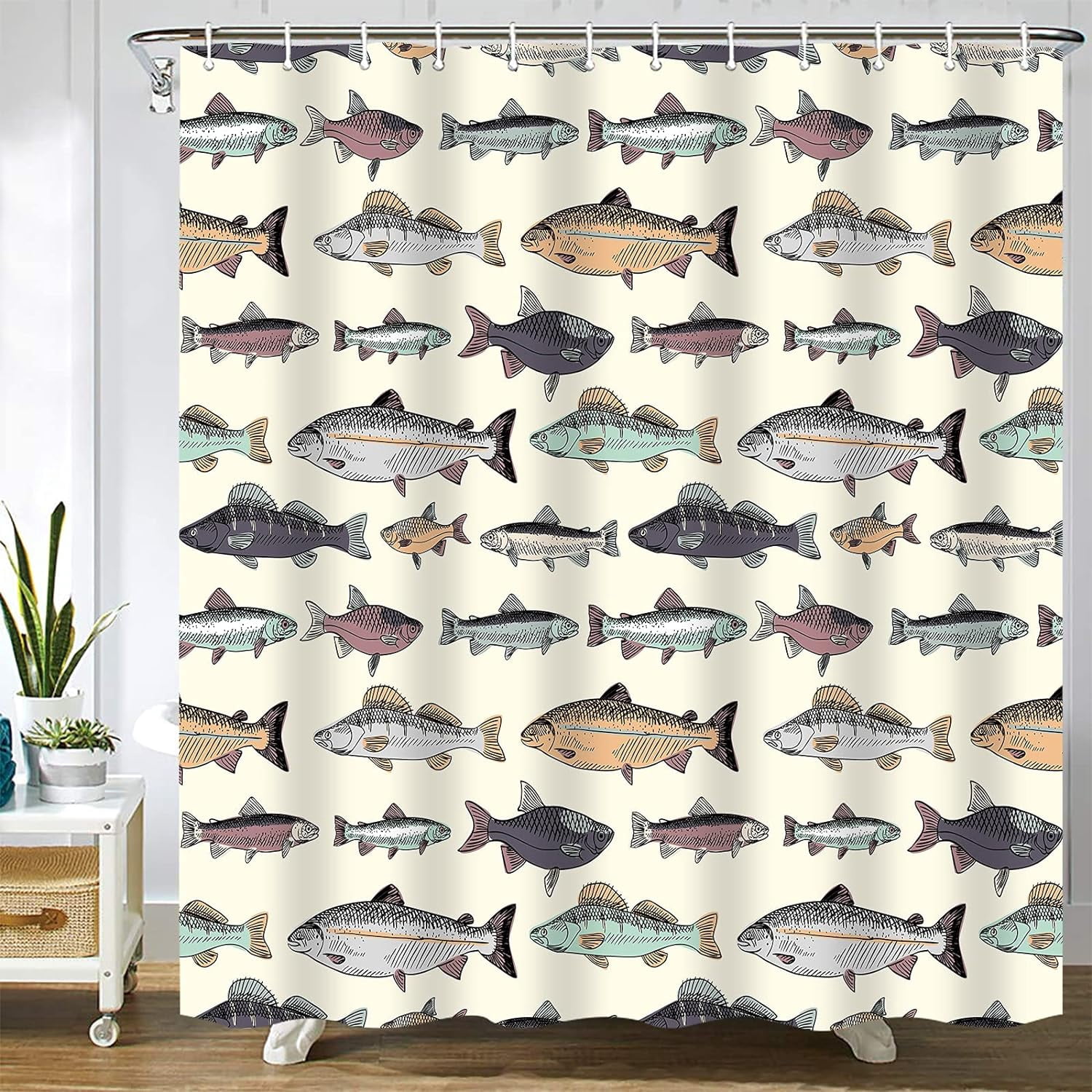 Fish Shower Curtain Blue Vintage Fishes Drawing Salmon Trout Fishing ...