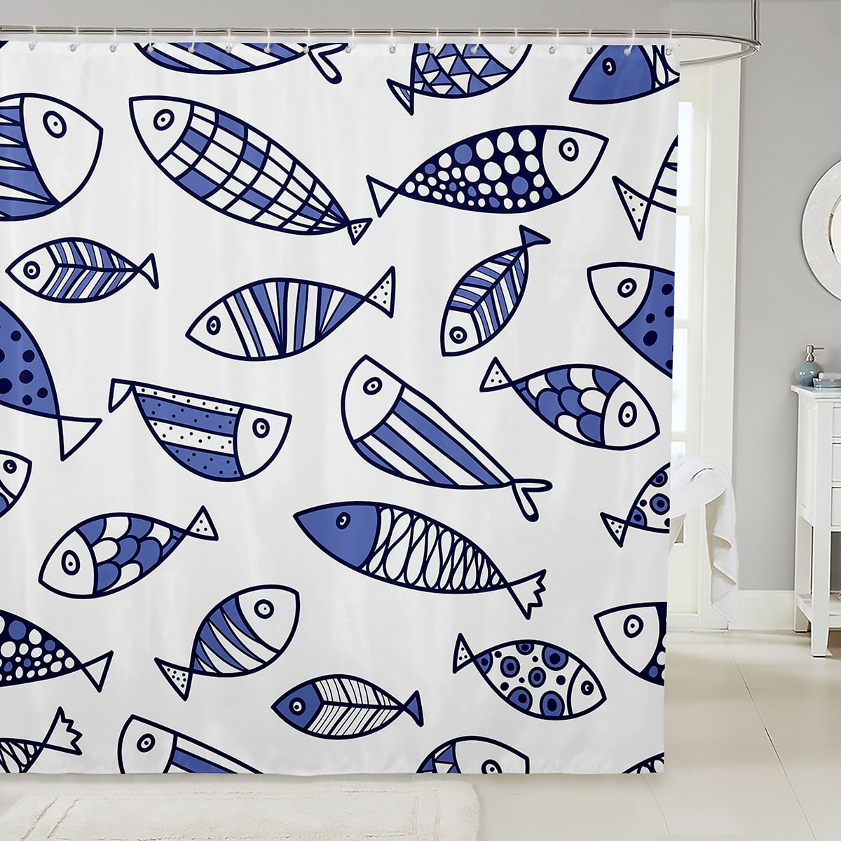 Fish Shower Curtain, Ocean Life Bathroom Shower Curtain, Hand Drawn ...