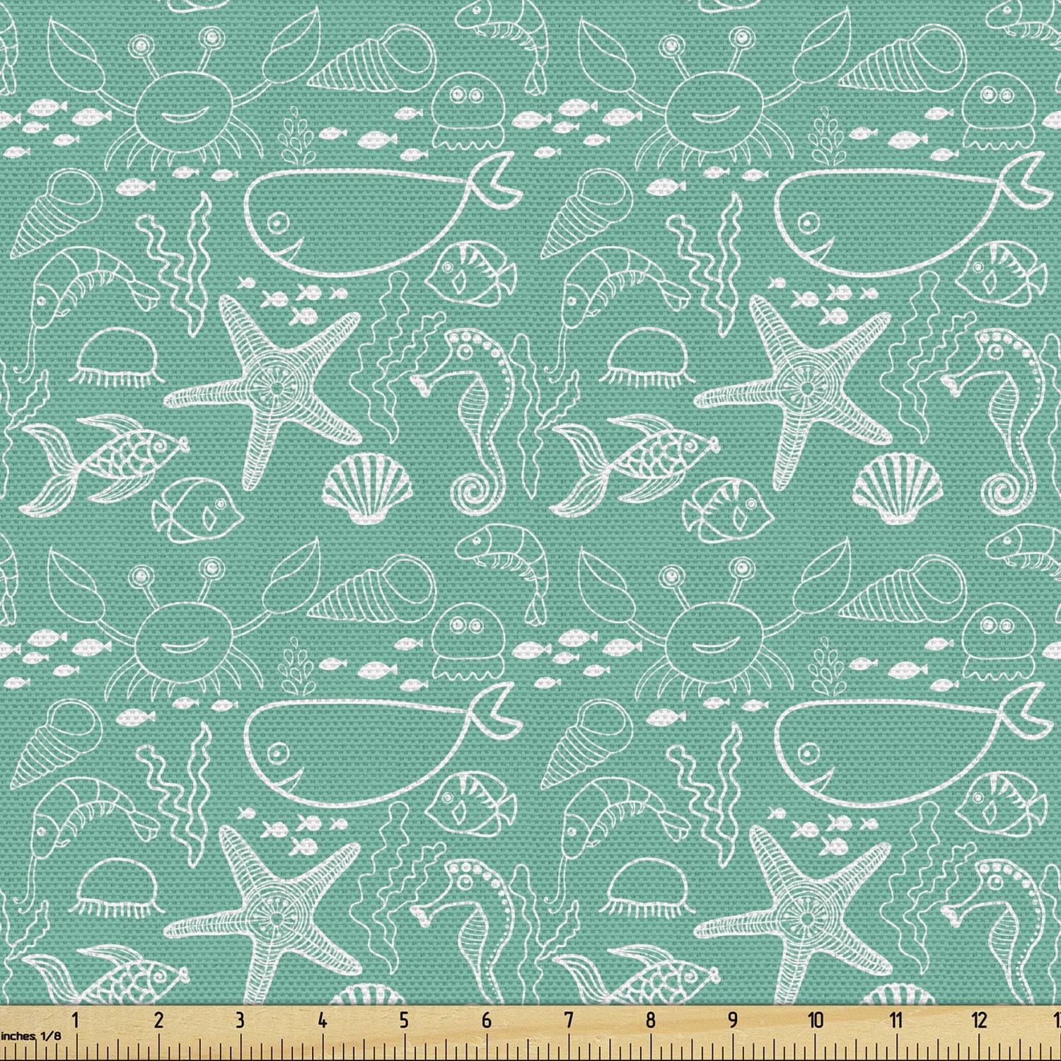 Ambesonne Fish Fabric by the Yard Upholstery, Outline Doodle Marine ...
