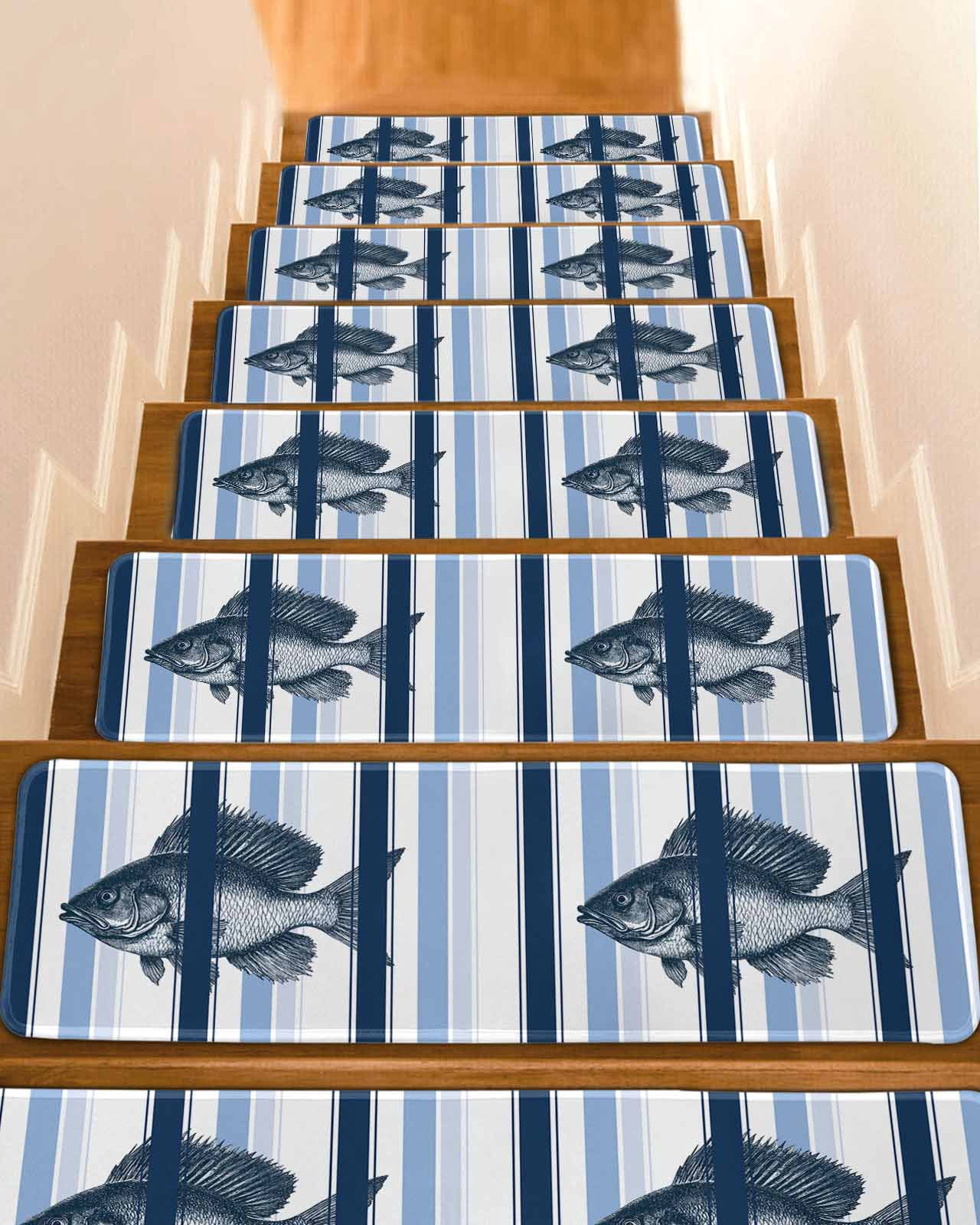 Fish Stair Treads Non Slip for Steps Blue Striped 10 Pcs Reusable ...