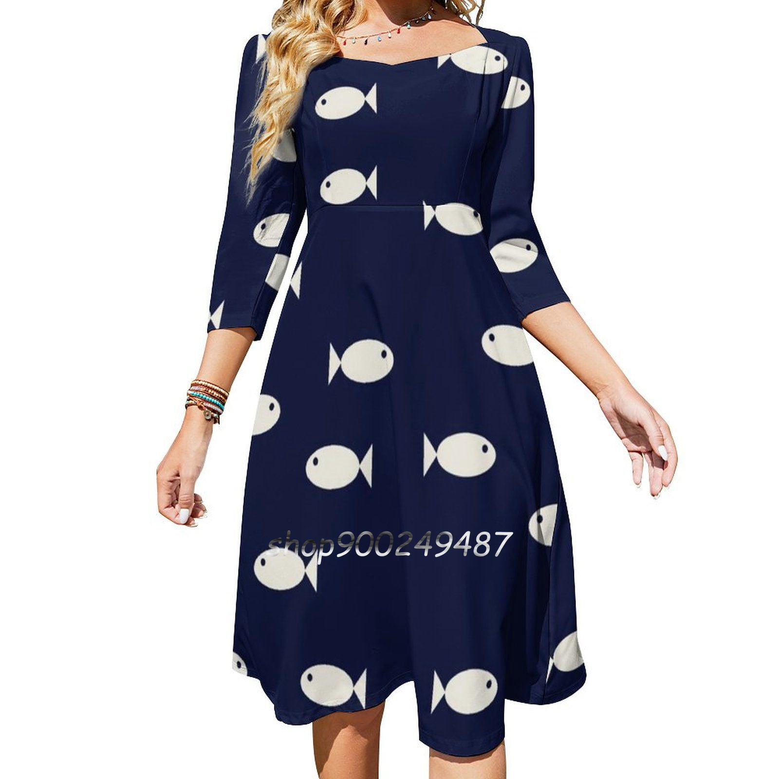 Fish Sweet Elegant Dress Women Korean Kawaii Square Collar Dress Fish ...