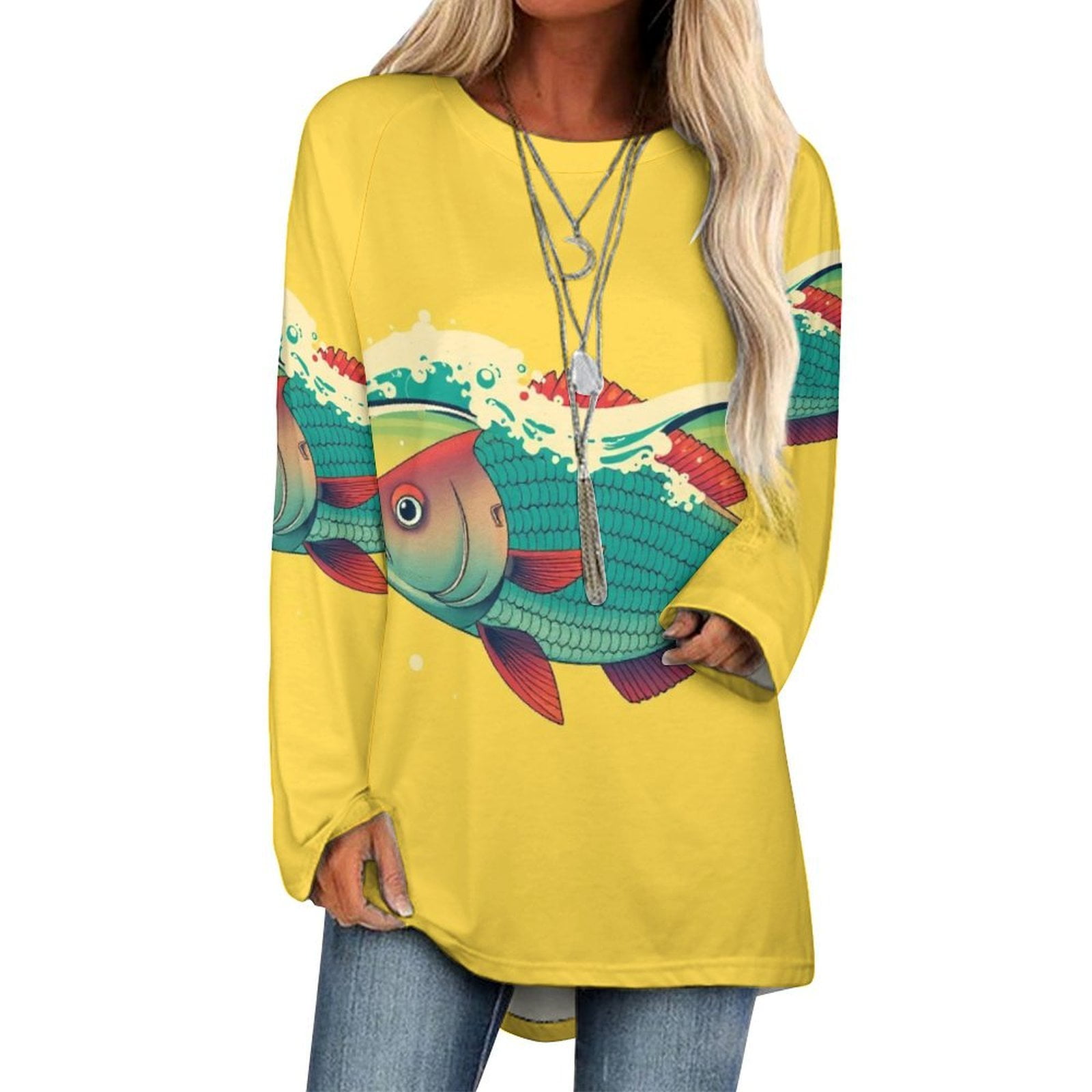 Fish Swimming Water 3D Print Women Long Sleeve T Shirt Oversized ...