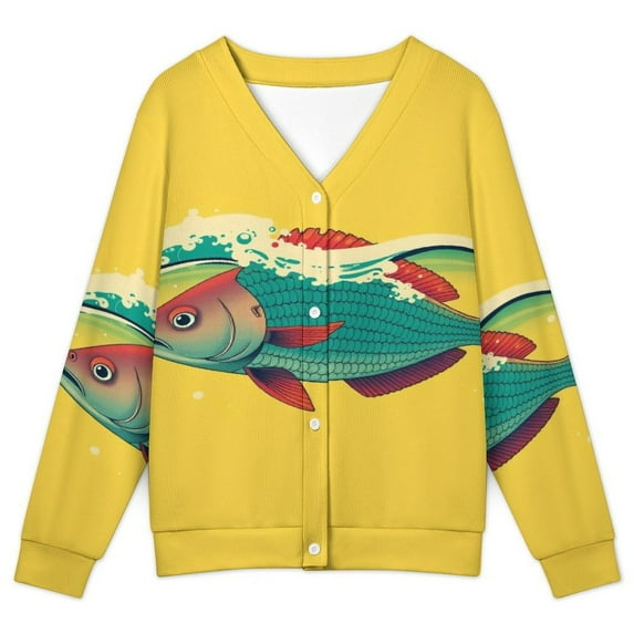 Fish Swimming Water Sweater Women V-neck Single-Breasted Letters Long ...