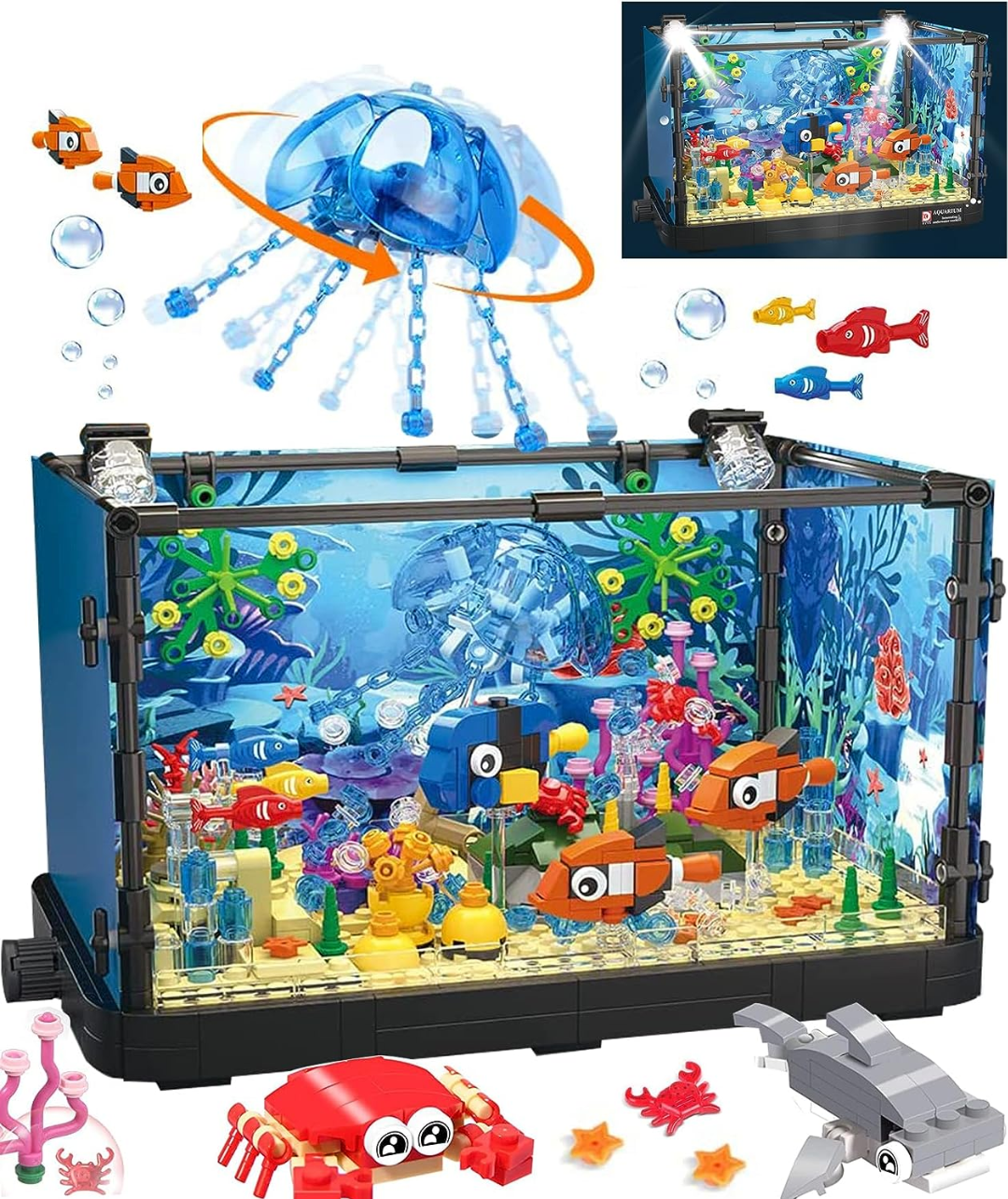 Fish Tank Aquarium Building Blocks Set with 2 LED Lights, Including ...