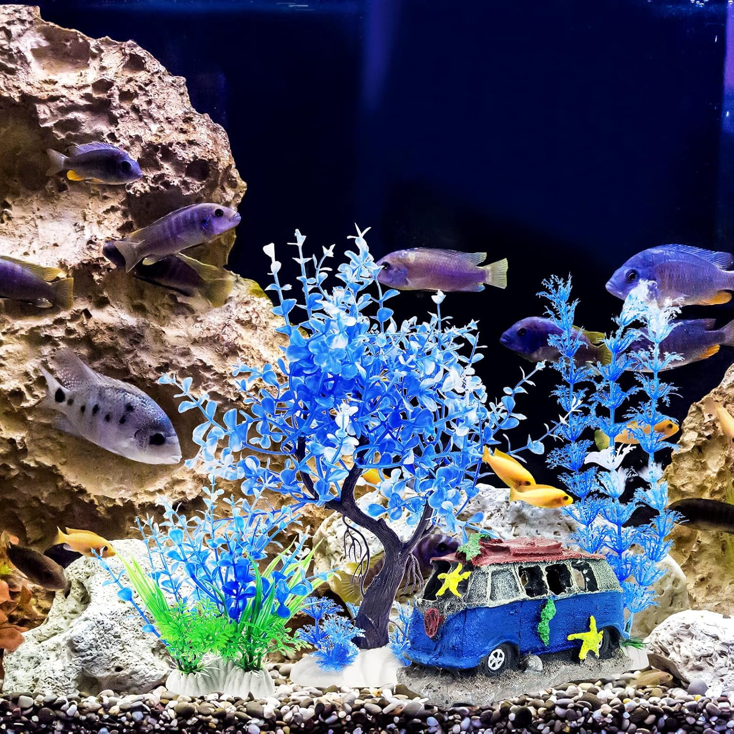 Fish Tank Aquarium Decorations Plastic Plants with Resin Cave Rock for ...