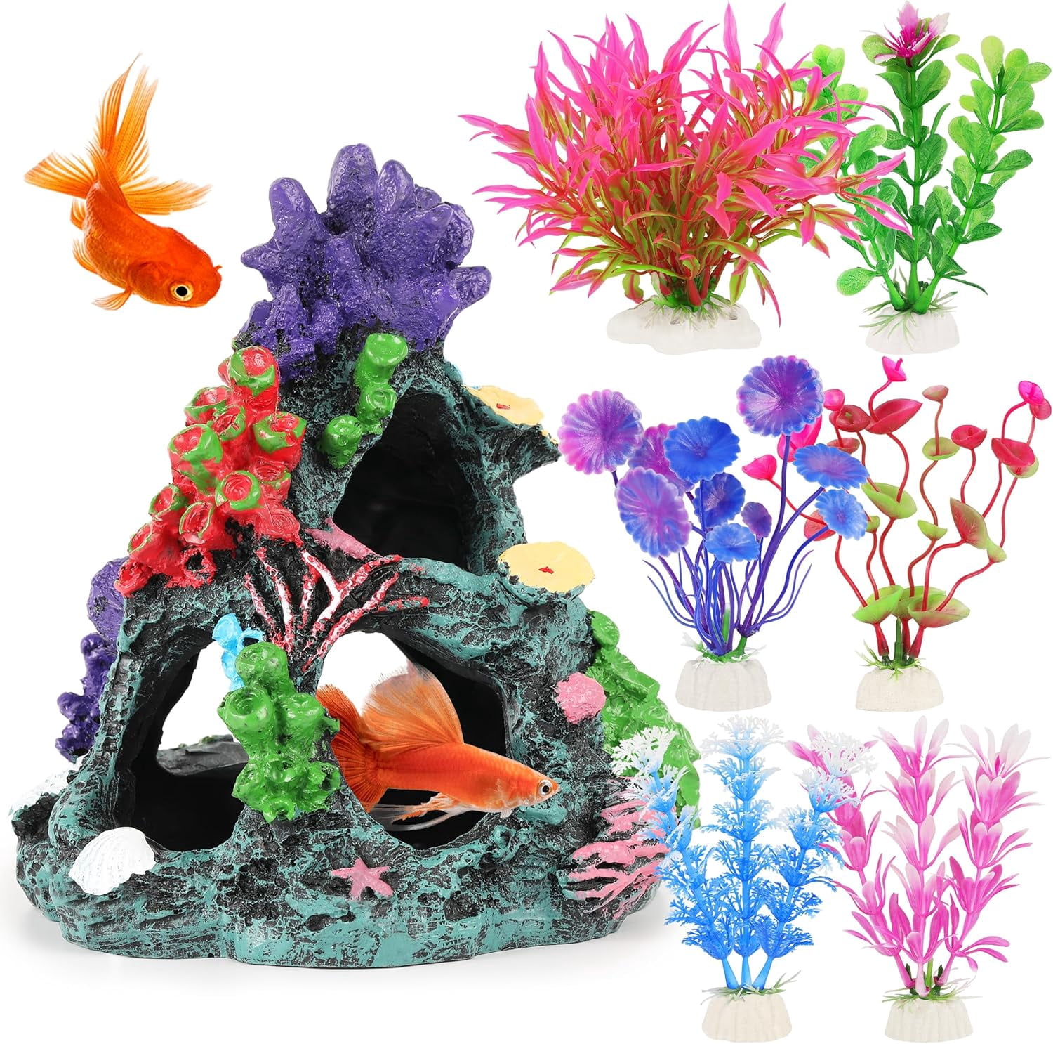 Fish Tank Plants, 7 Pieces Colorful Aquarium Plants and Coral Reef Set ...