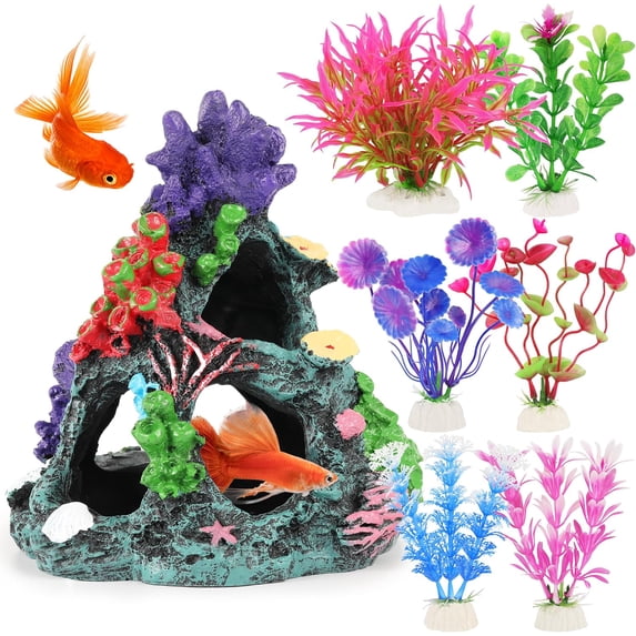 Fish Tank Plants, 7 Pieces Colorful Aquarium Plants and Coral Reef Set ...