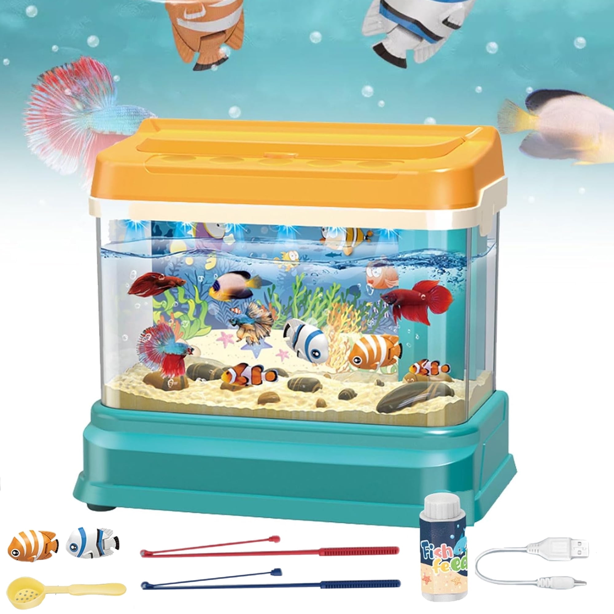 "CEDQ Fake Aquarium for Kids, Interactive Feeding Fish Tank Toy, USB ...