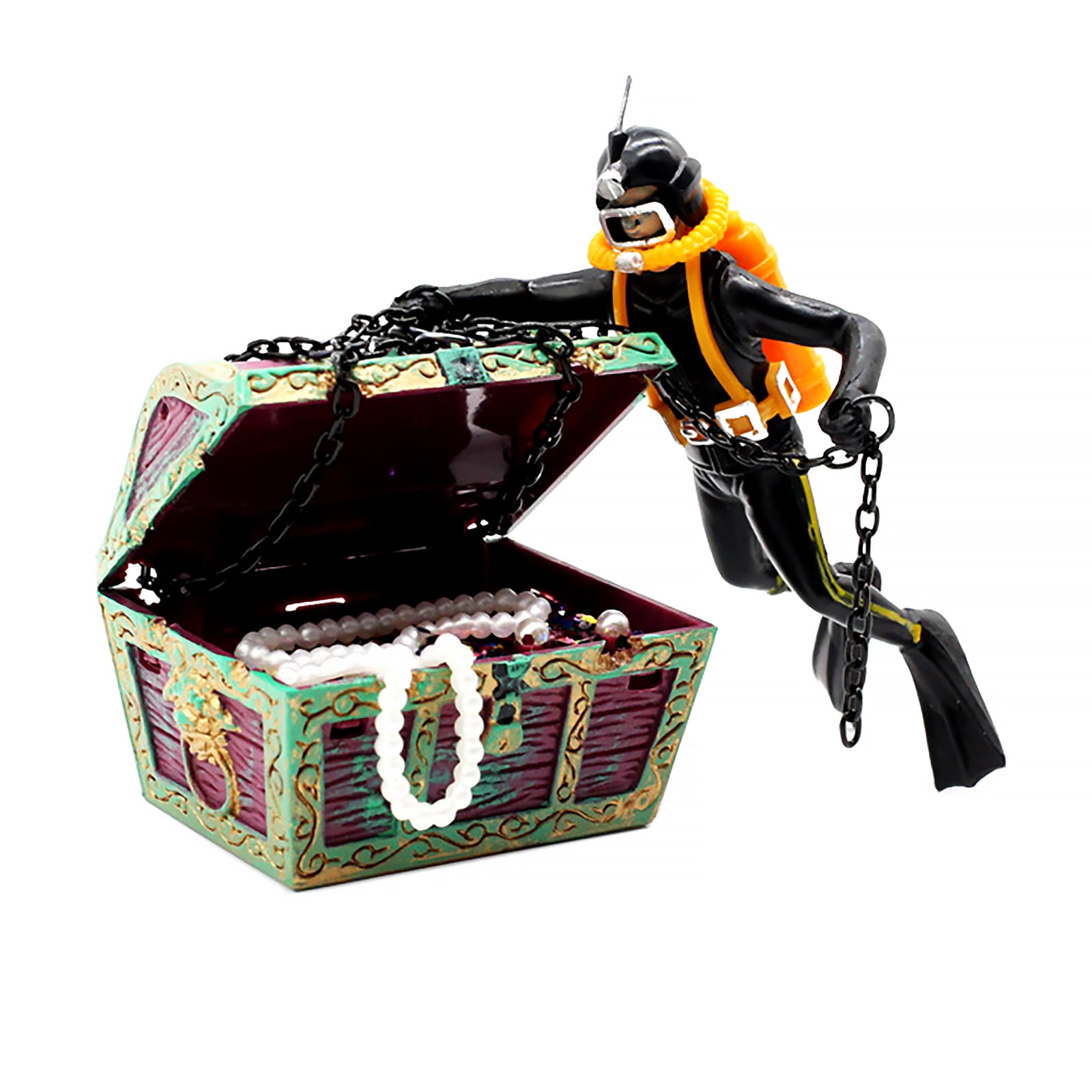 Fish Tank Treasure Chest Diver Live-Action Aerating Aquarium Decor ...