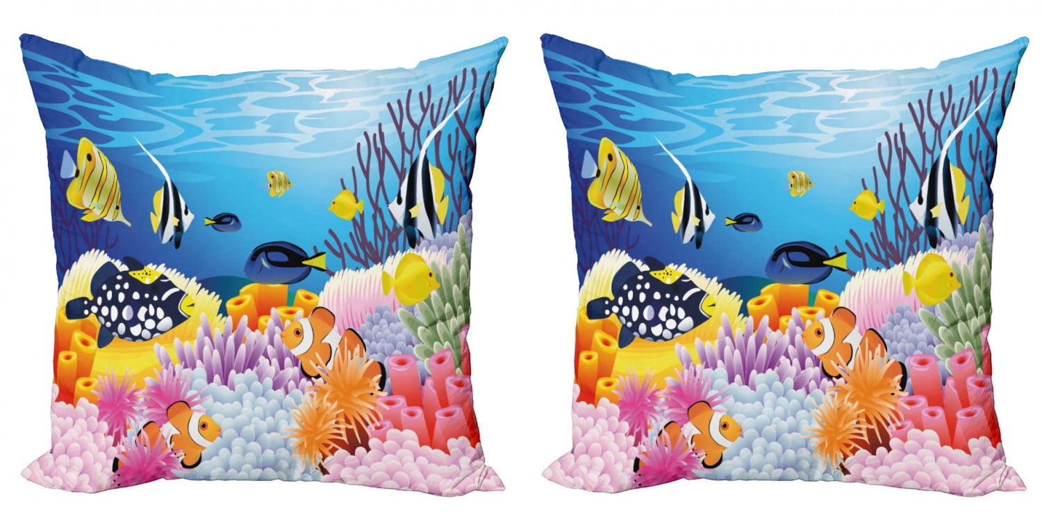 Ambesonne Fish Throw Pillow Cover 2 Pack, Fish Coral Reefs, 16 ...