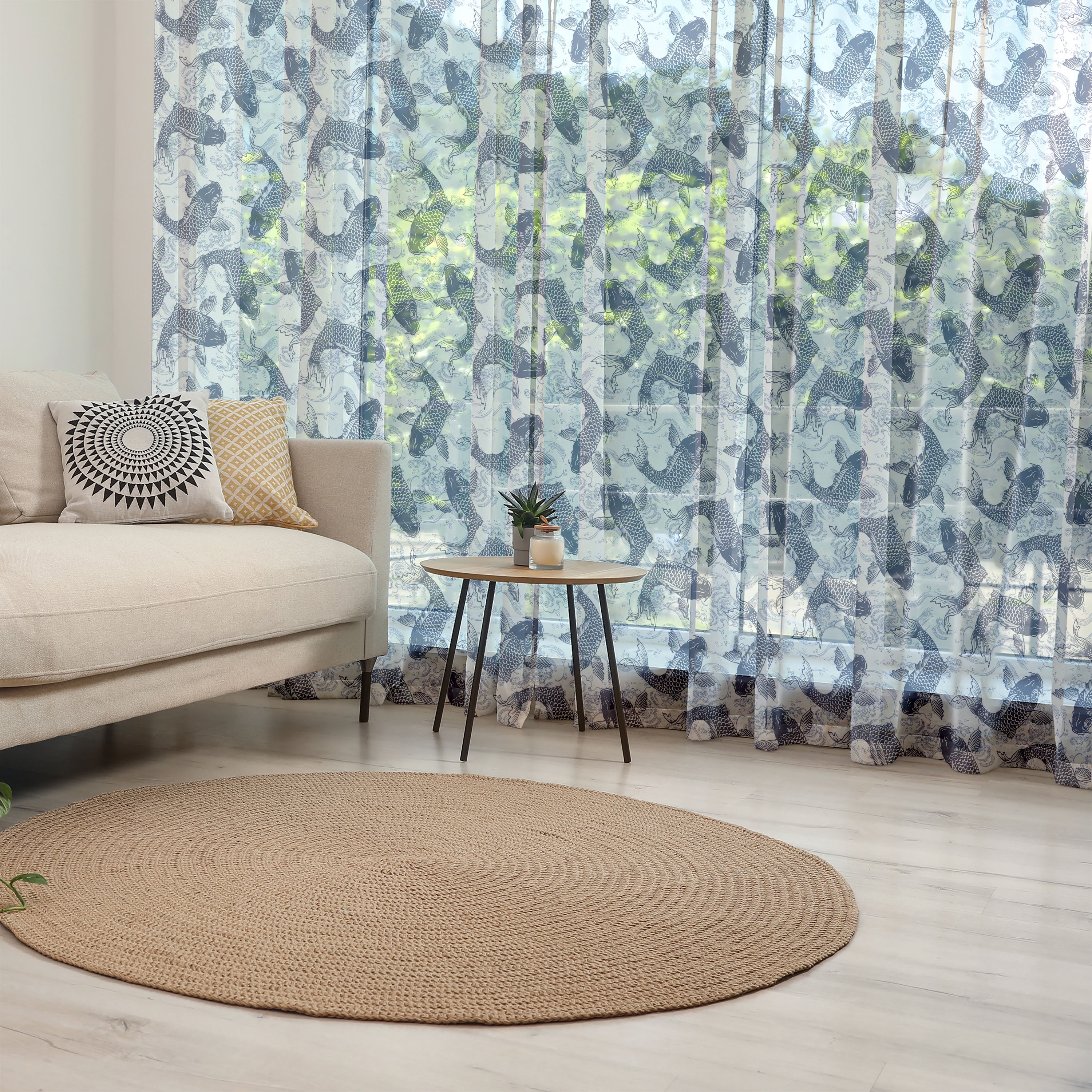 Fish Tulle Curtains with Rod Pocket, Japanese Carp Koi Wave Patterned ...