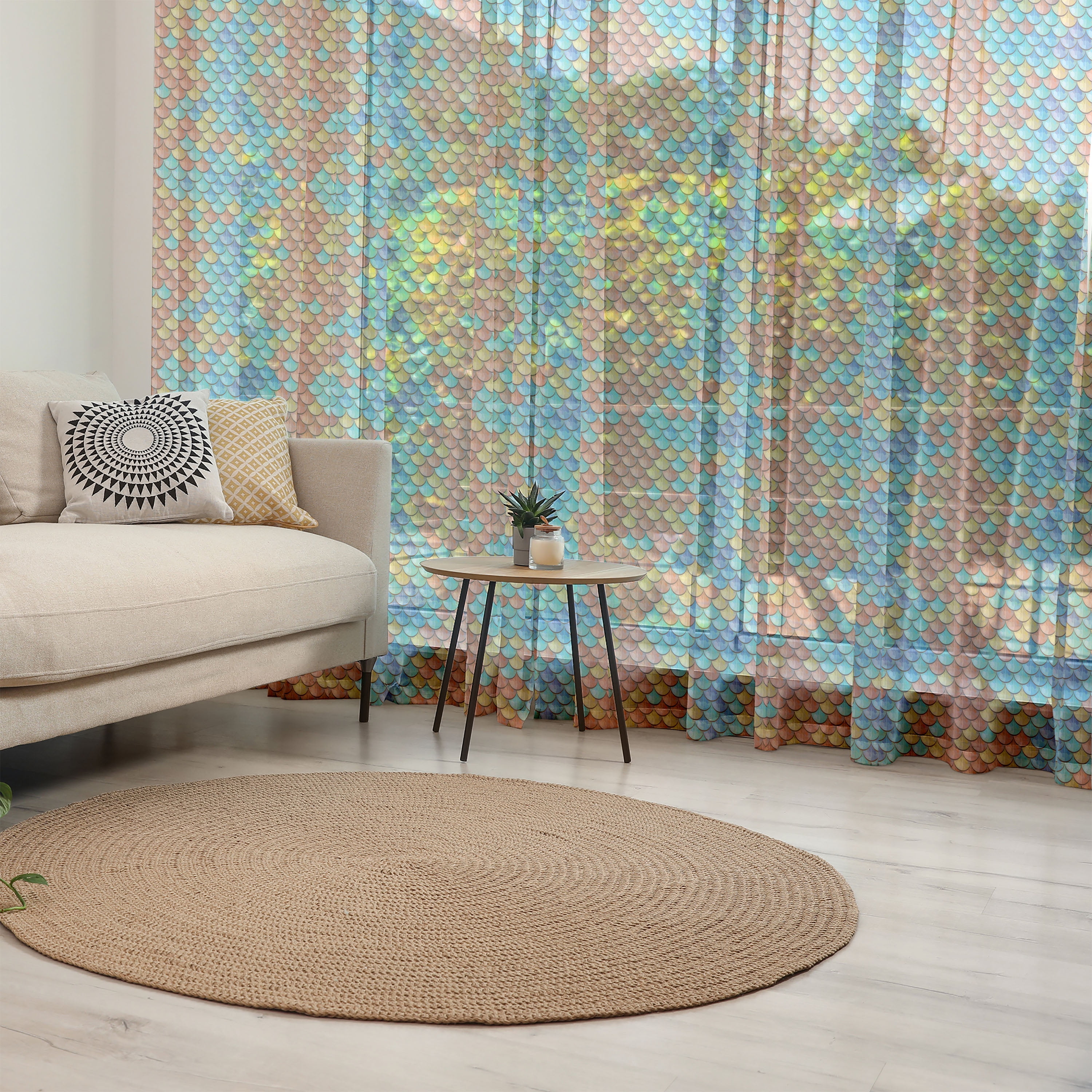 Fish Tulle Curtains with Rod Pocket, Maritime Animal Scales Pattern ...