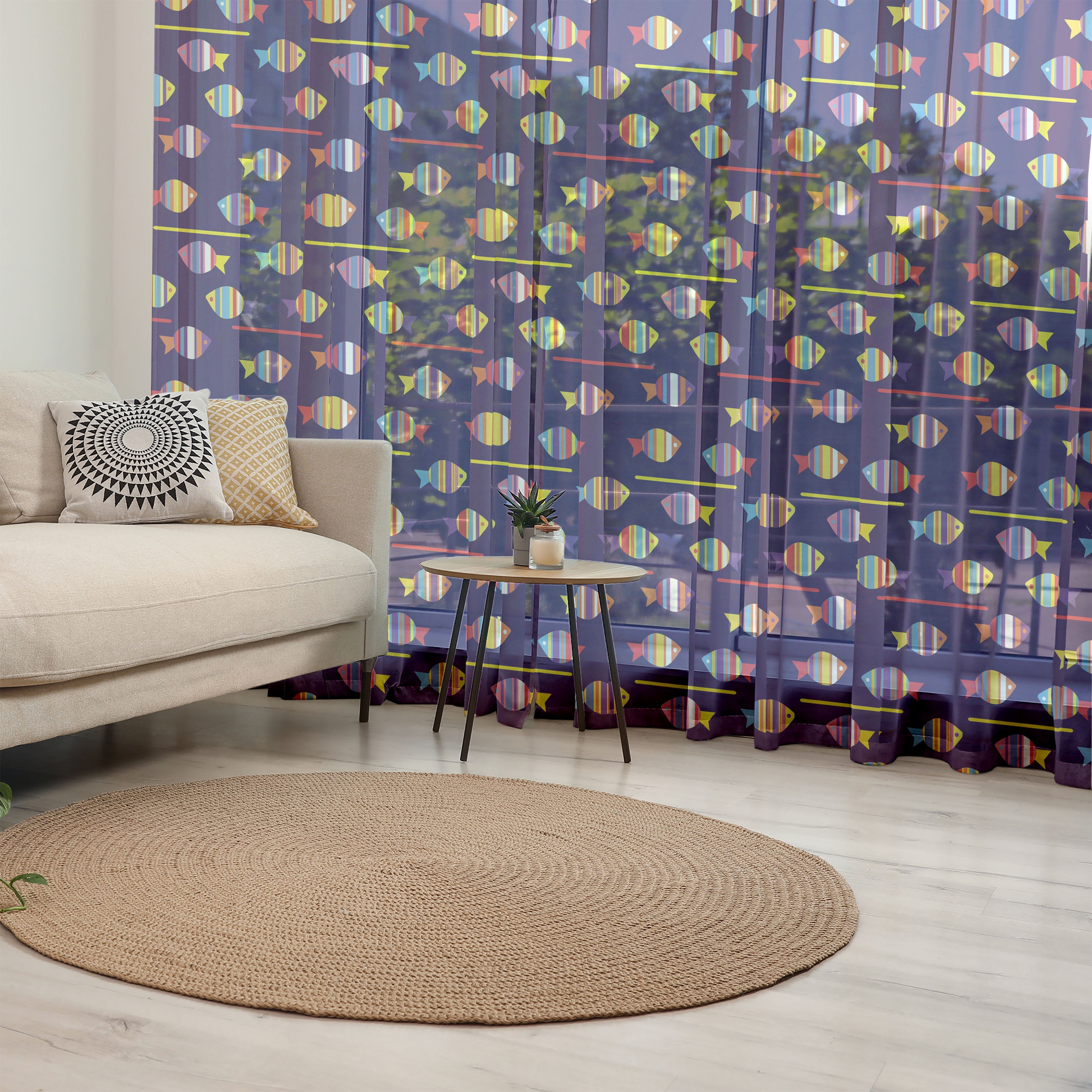 Fish Tulle Curtains with Rod Pocket, Rainbow Patterned Aquatic ...