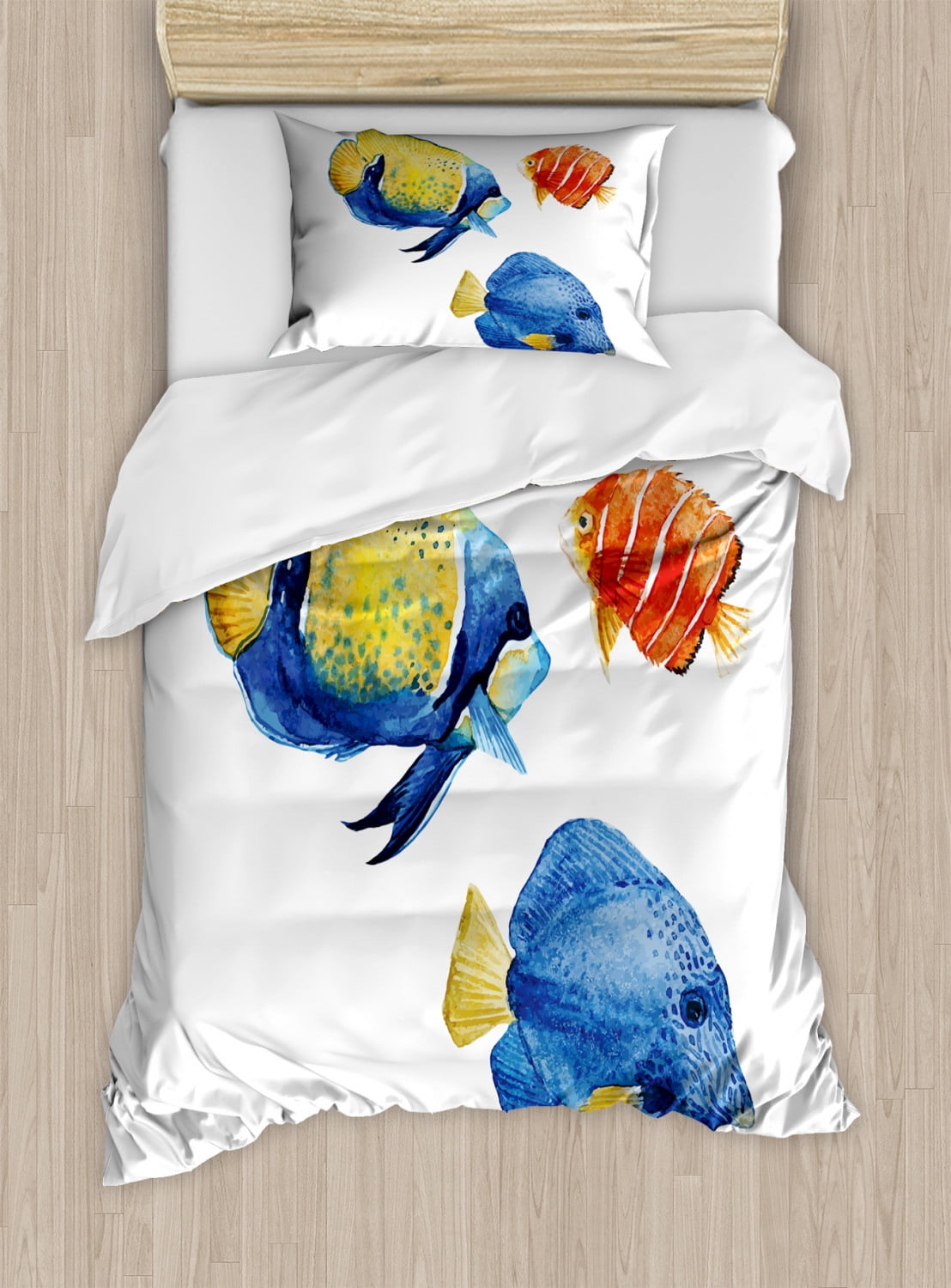 Fish Twin Size Duvet Cover Set, Tropical Aquarium Life Discus Fish and ...