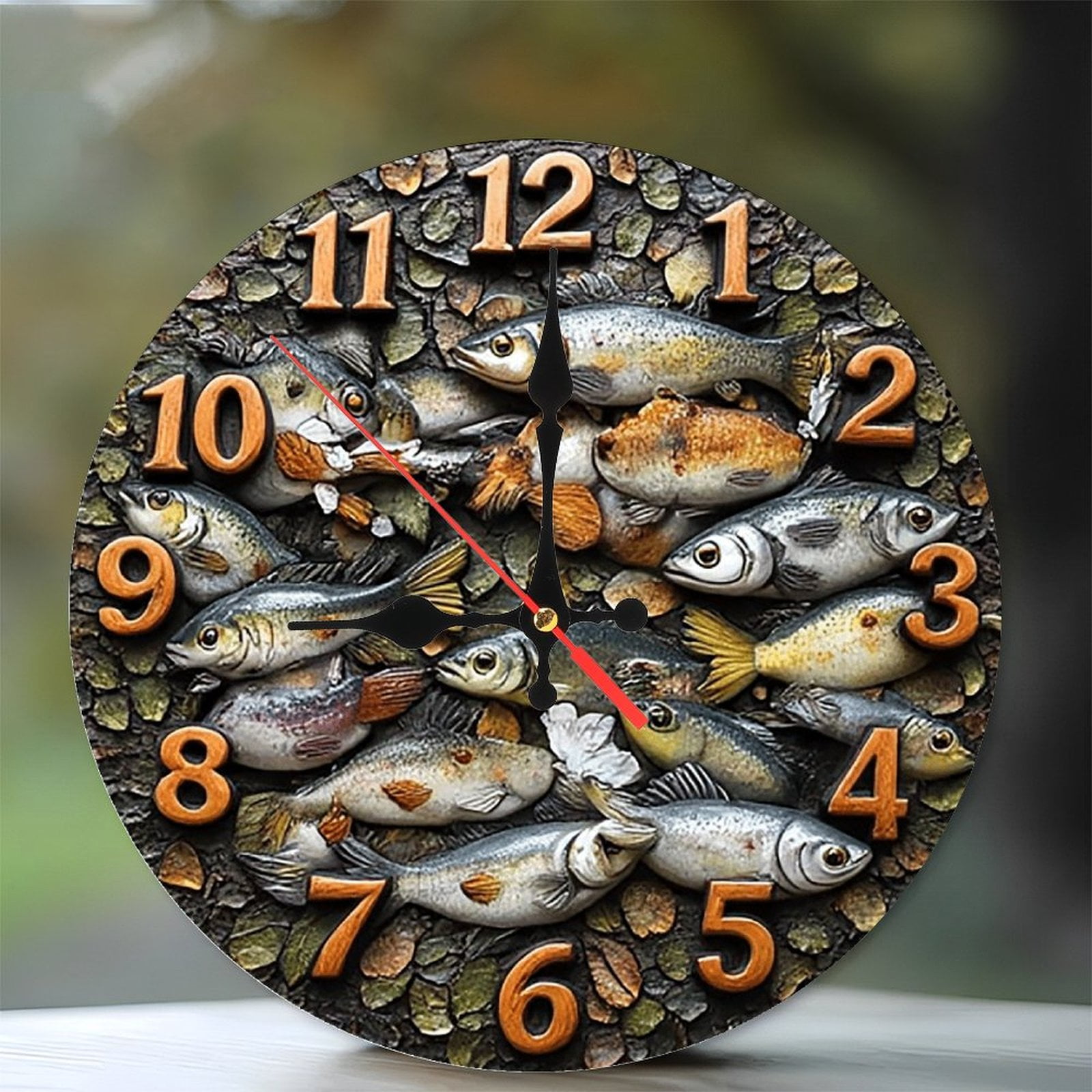 Fish Wall Clock Resin Art Decor Home 10-Inch Silent Wooden Wall Clock ...