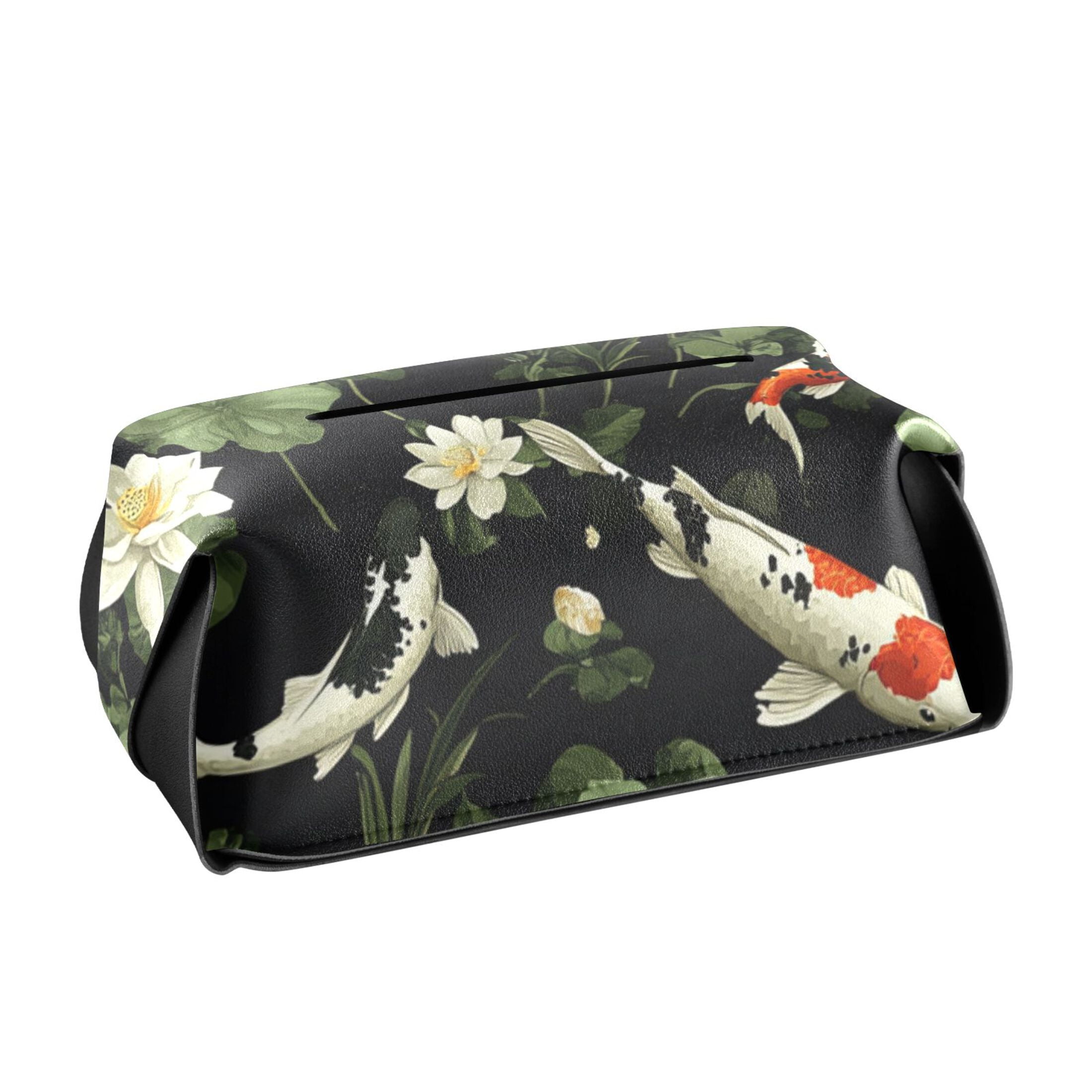 Fish and Lotus Flowers on Black Tissue Box Cover Leather Square ...