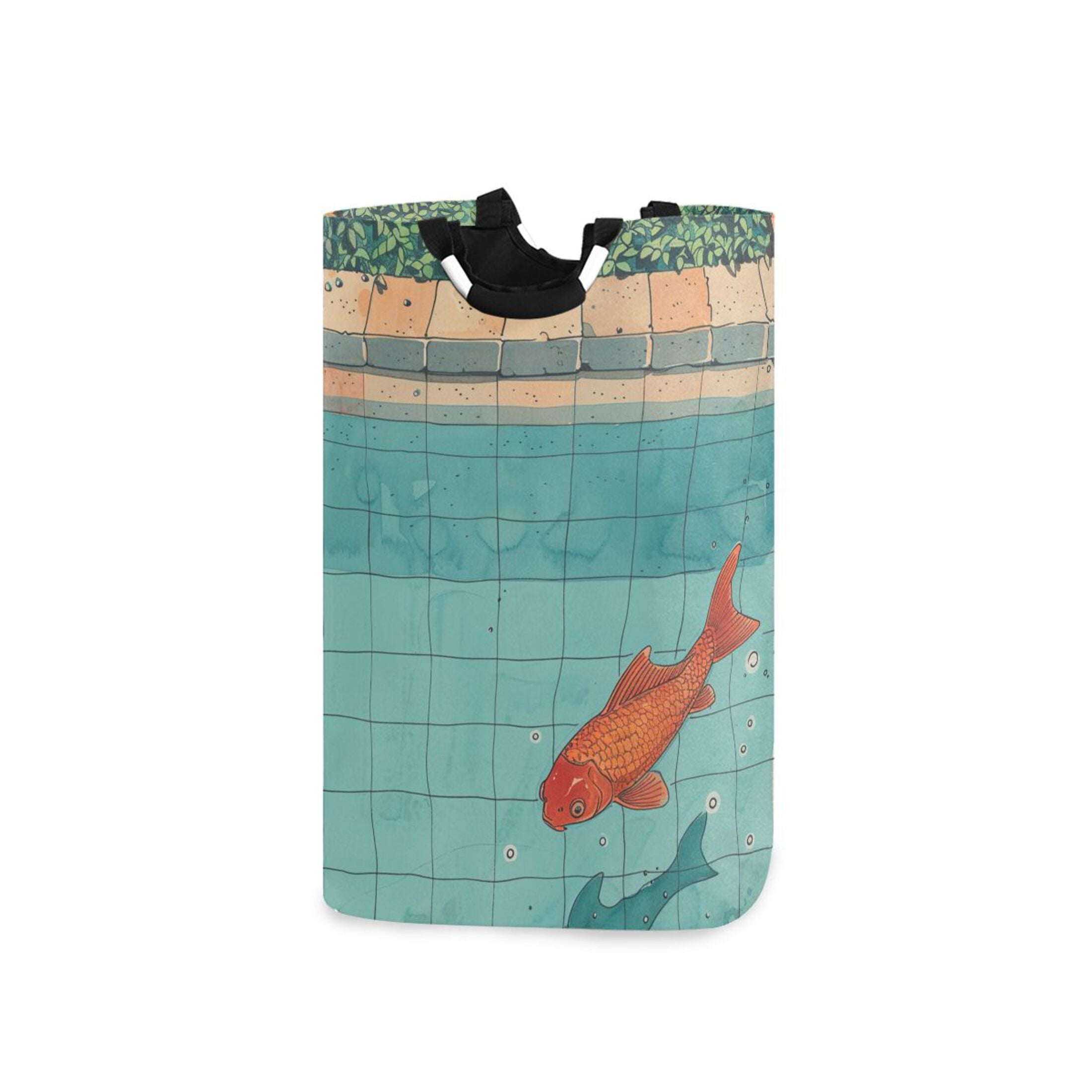 Fish in The Pool Green Leaves Laundry Basket with Handles Foldable ...