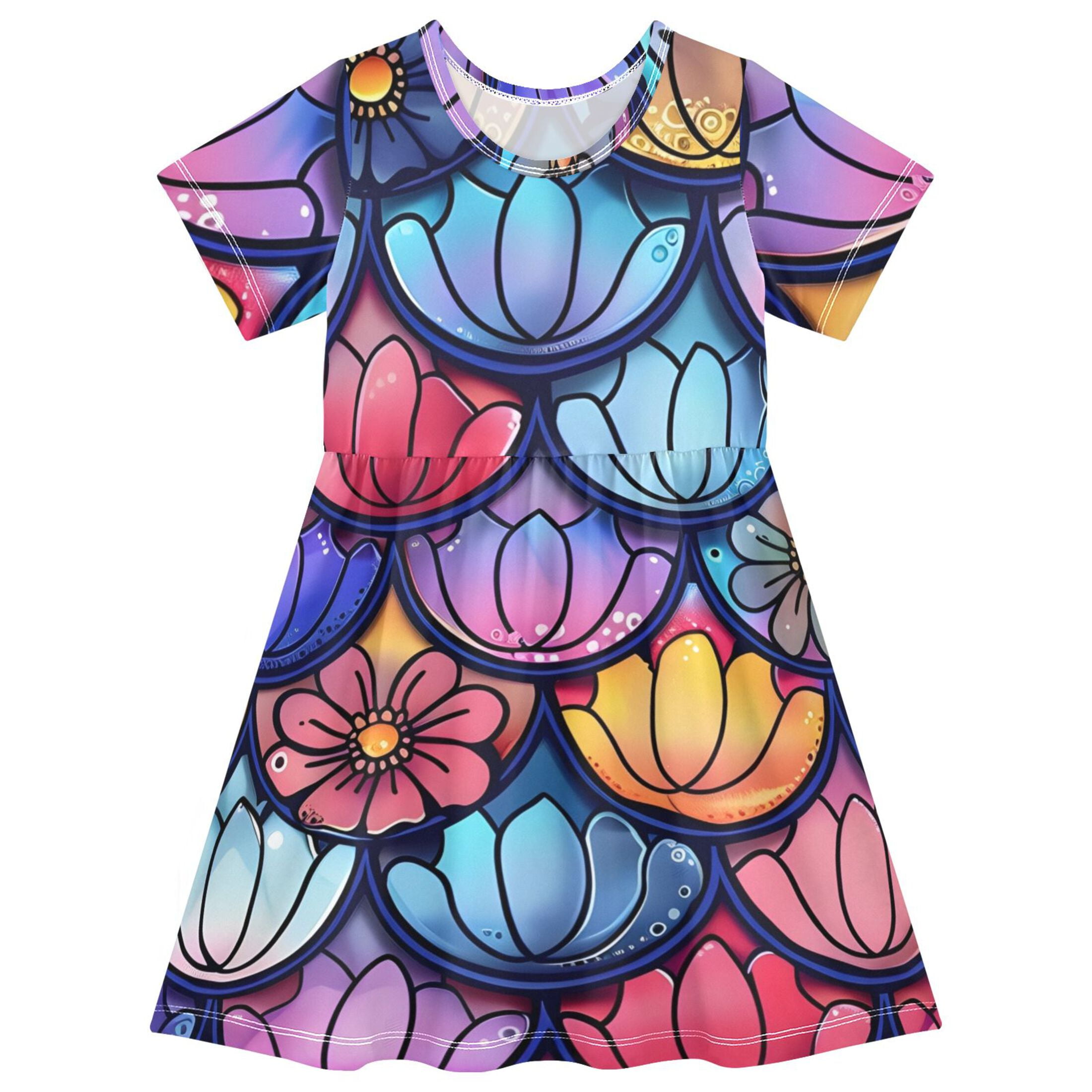 Fish-scale-shape Flowers Girls' Short Sleeve Dress A-Line One-Piece ...