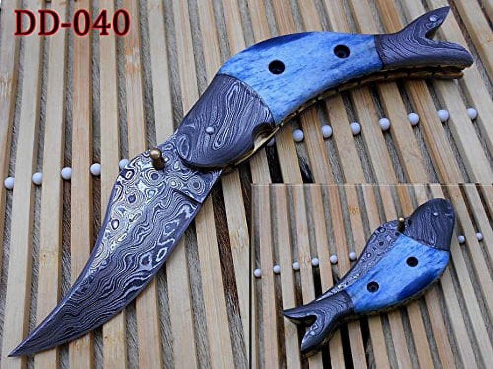 Fish shape Damascus steel folding knife cow leather sheath, hand forged Twist pattern Damascus ...