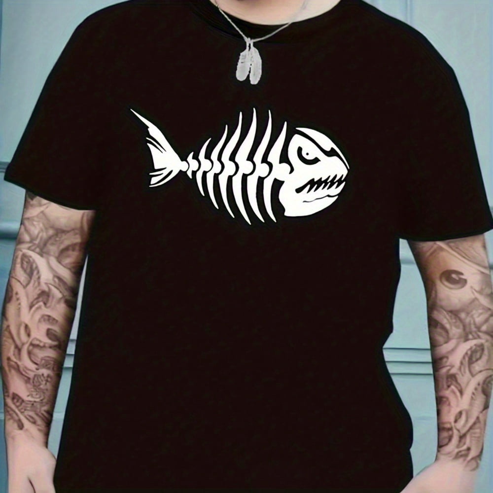 Fishbone Graphic Print Men's T-Shirt, Pure Cotton Round Neck Short ...