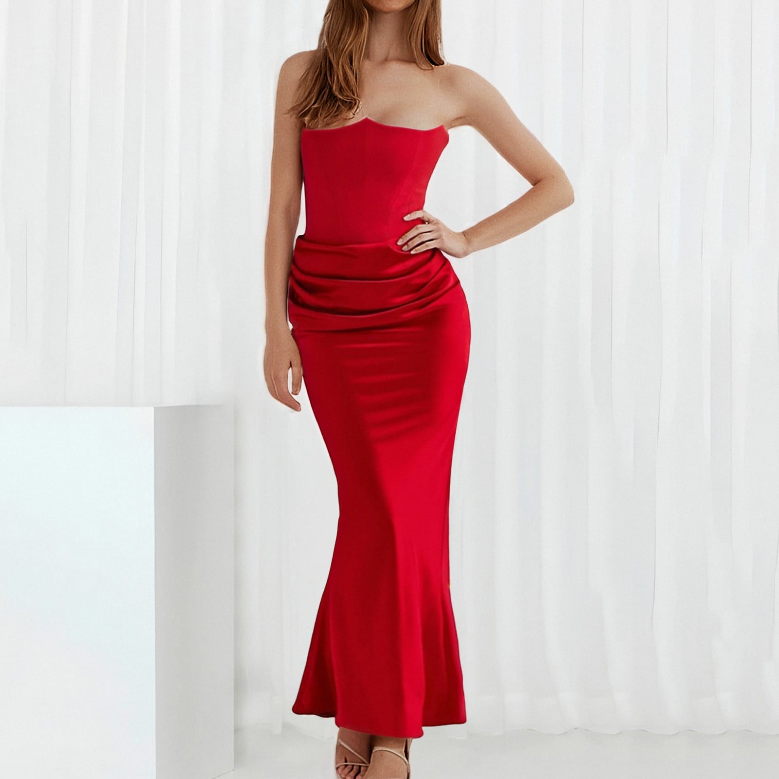 Fishbone Sexy Slim Fishtail Skirt Long Solid Color Dress Side Sleeve Dress Party Gowns Women ...