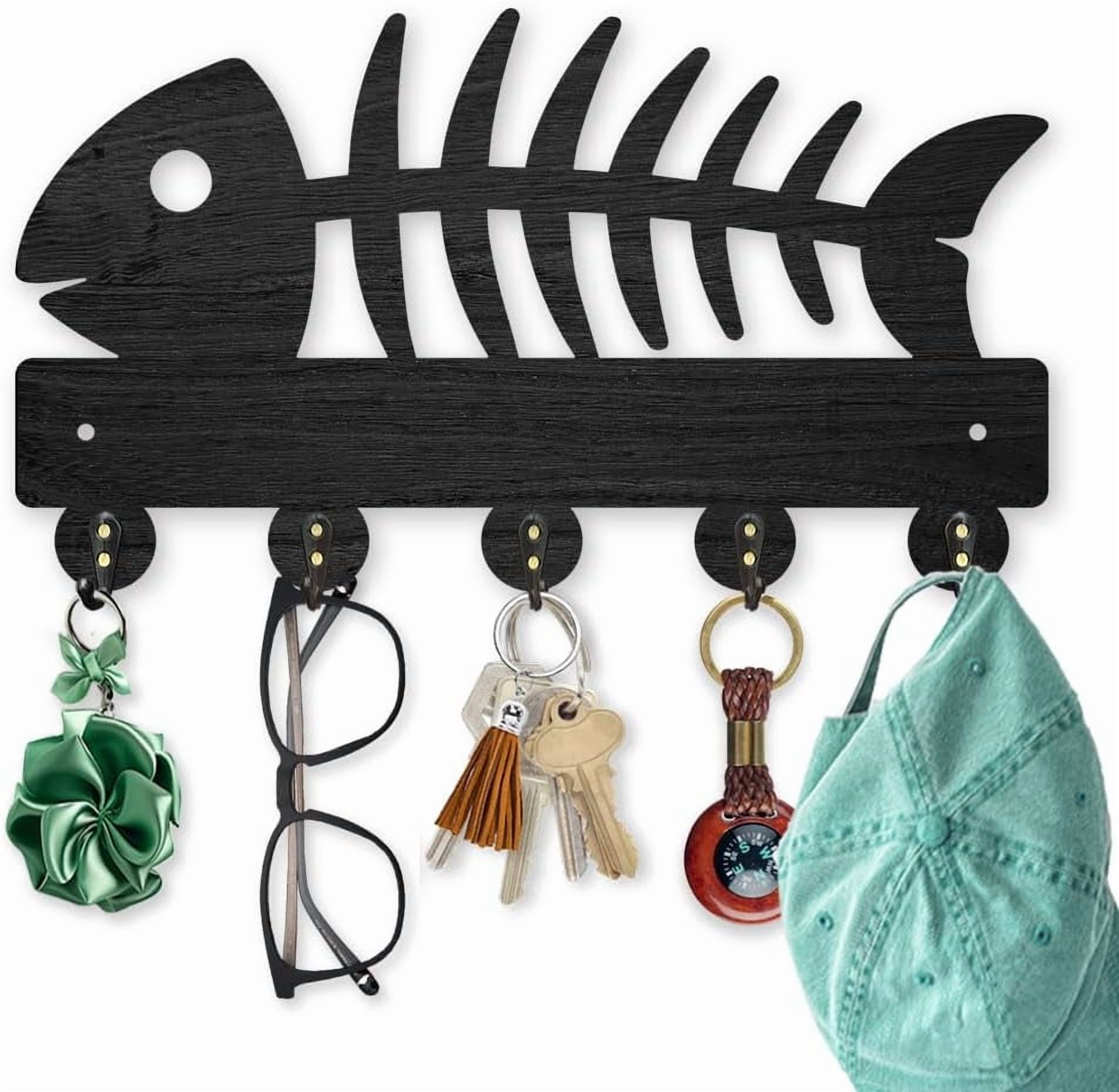 Fishbone Wood Key Holder for Wall Fish Key Hook Organizer 11.8×6.7 ...